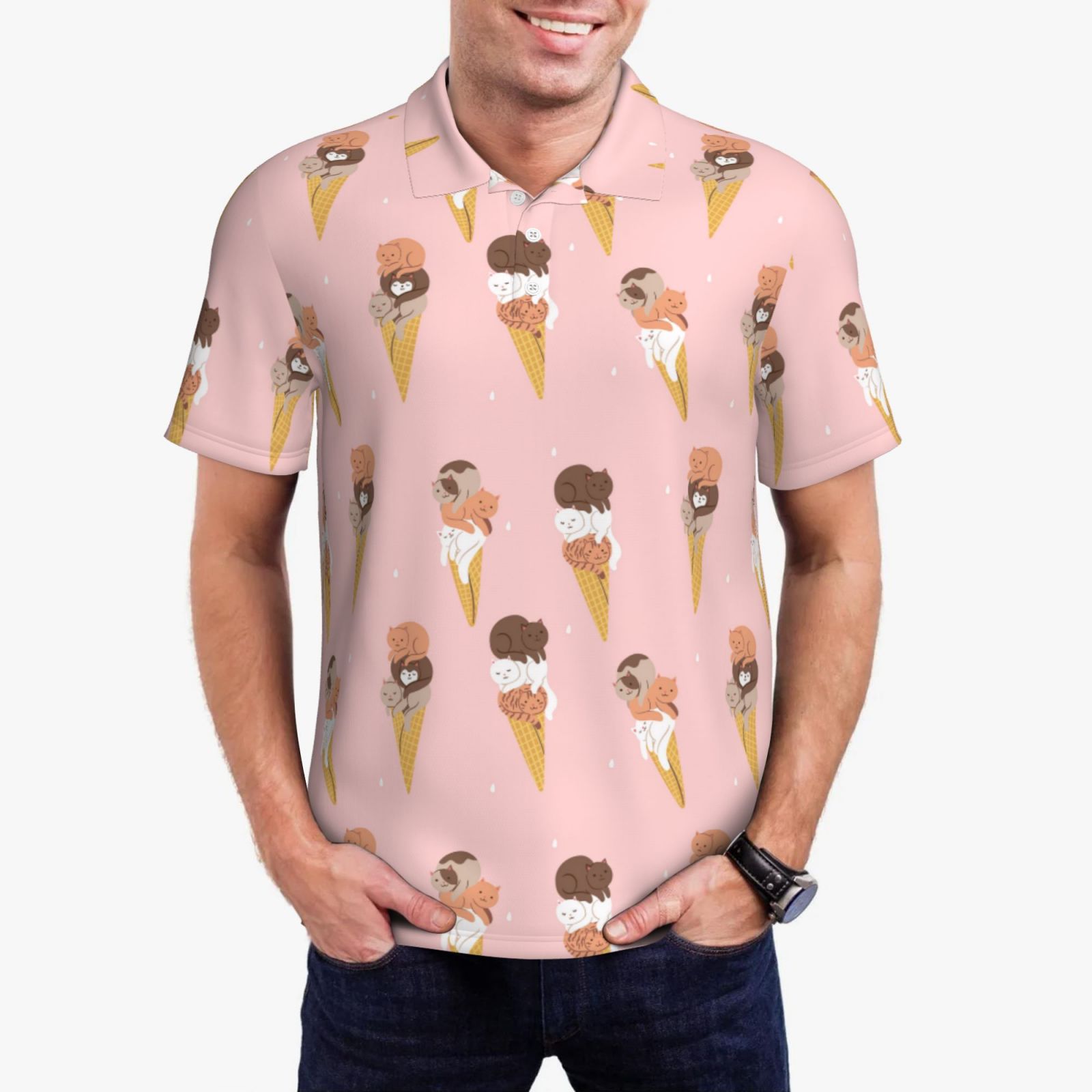 Polo Shirts for Men, Funny Cartoon Cat Cone Cuteness Casual Mens Polo ...
