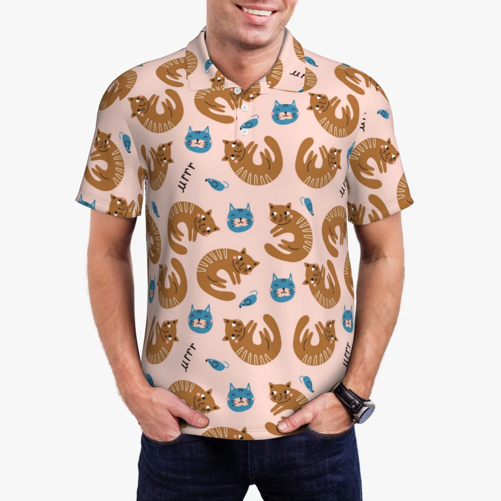 Polo Shirts for Men, Funny Cute Cartoon Cat Brown Soft Casual Mens Polo ...