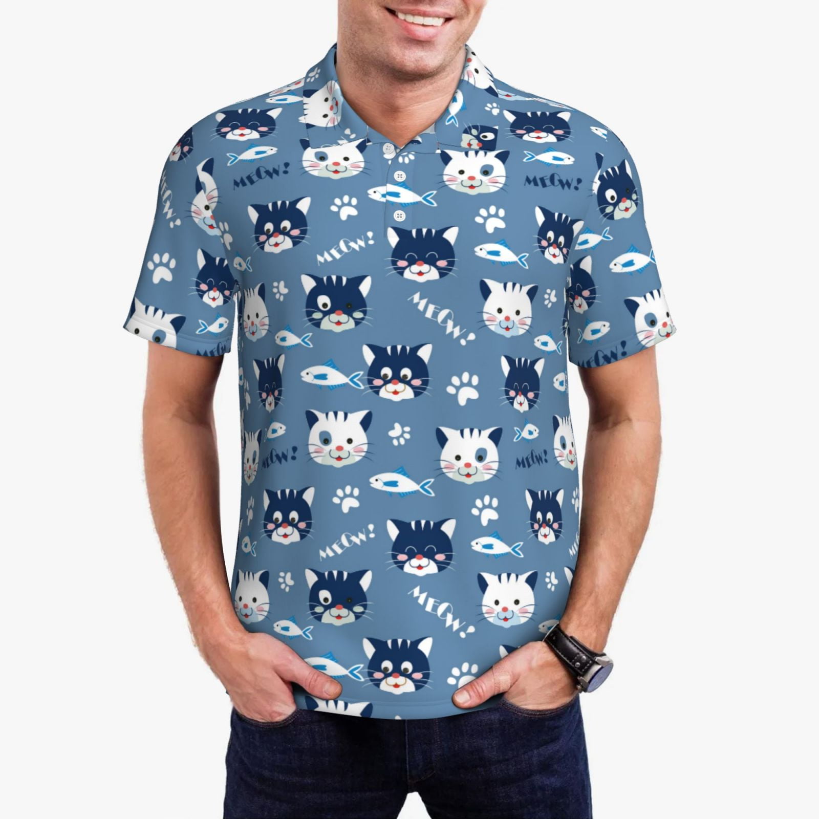 Polo Shirts for Men - Funny Cute Cat Face Fish Mens Polo Shirts Short ...