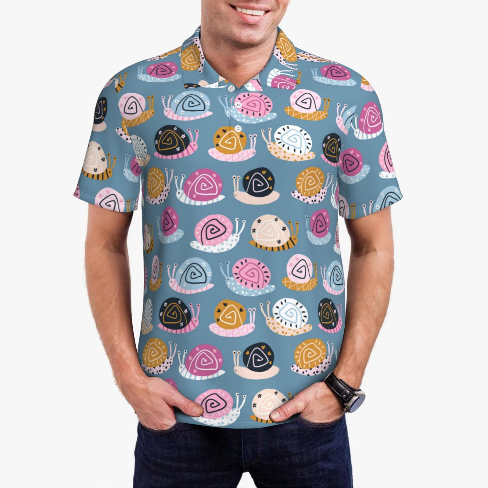 Polo Shirts for Men, Funny Doodle Snails Cuteness Casual Mens Polo ...