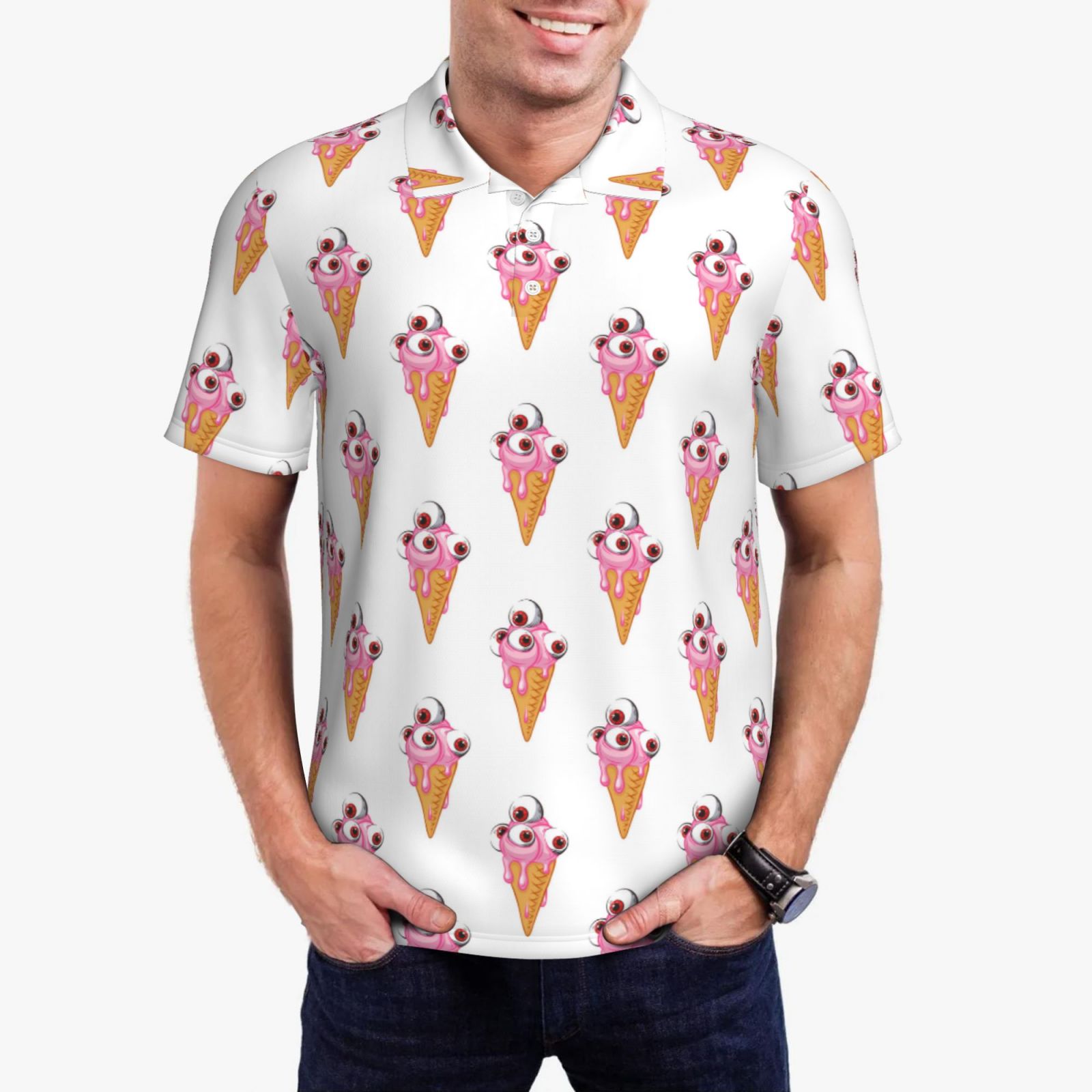 Polo Shirts for Men - Funny Pink Ice Cream Print Mens Polo Shirts Short ...