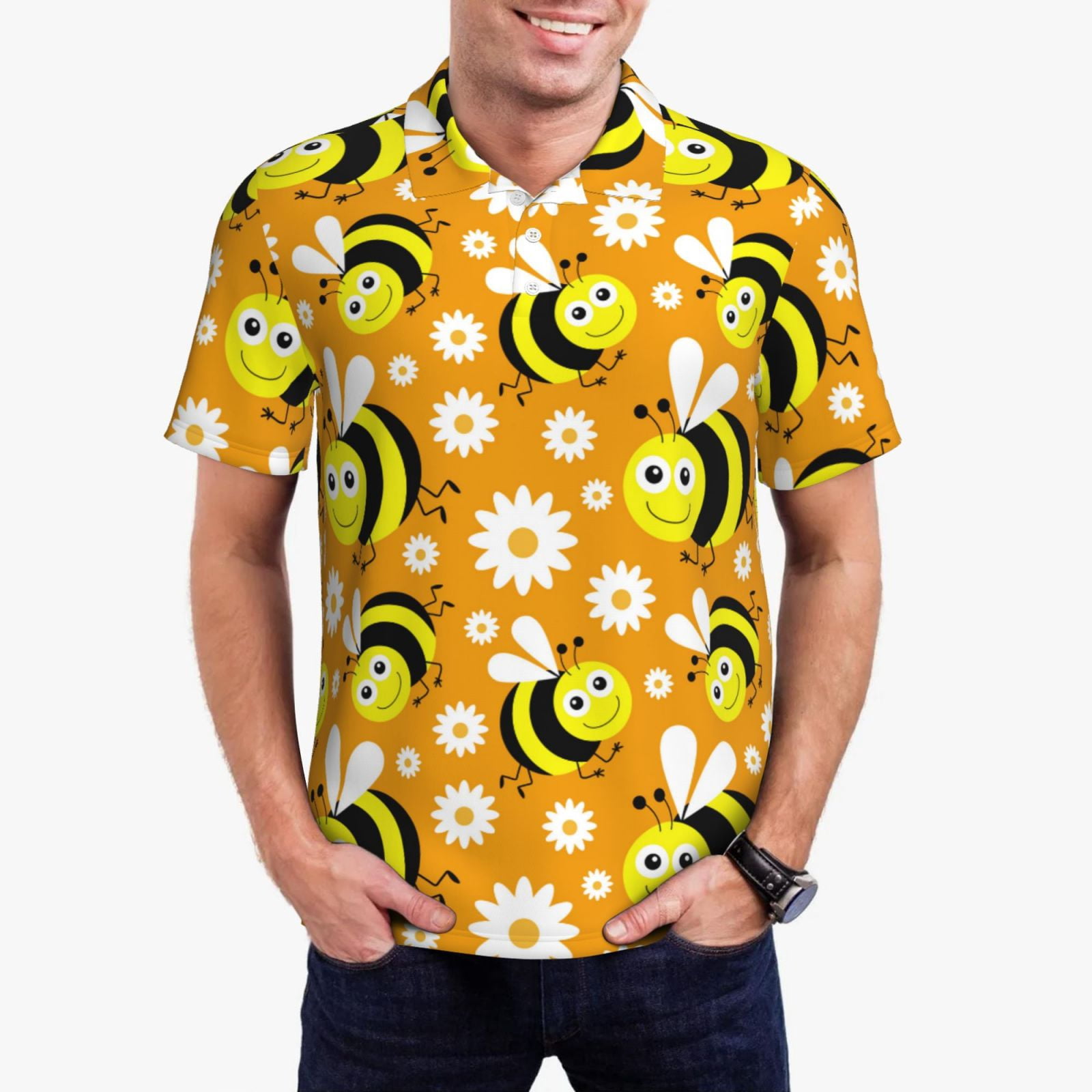 Polo Shirts for Men, Funny cartoon bee daisy Cuteness Casual Mens Polo ...