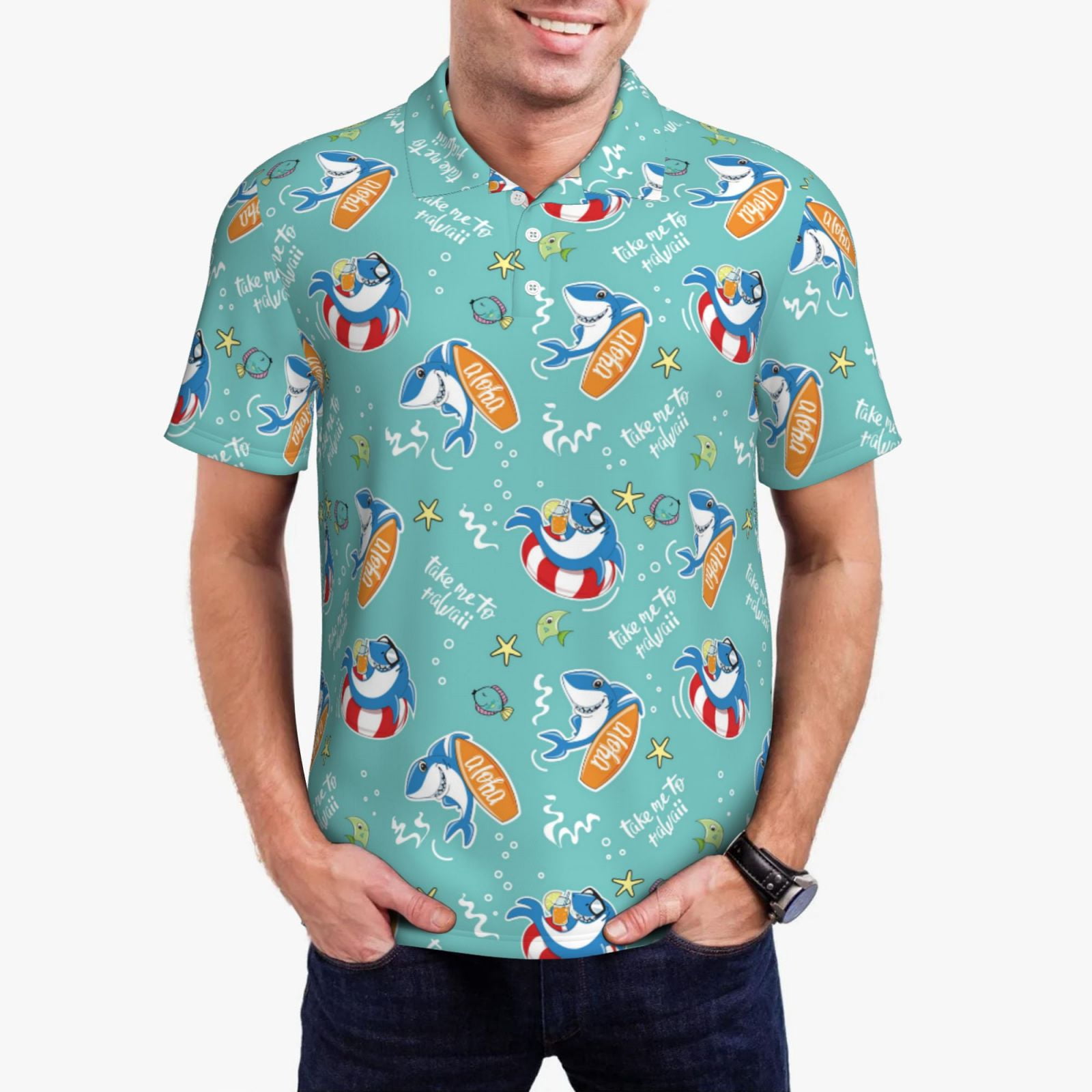 Polo Shirts for Men - Funny cartoon sharks Mens Polo Shirts Short ...