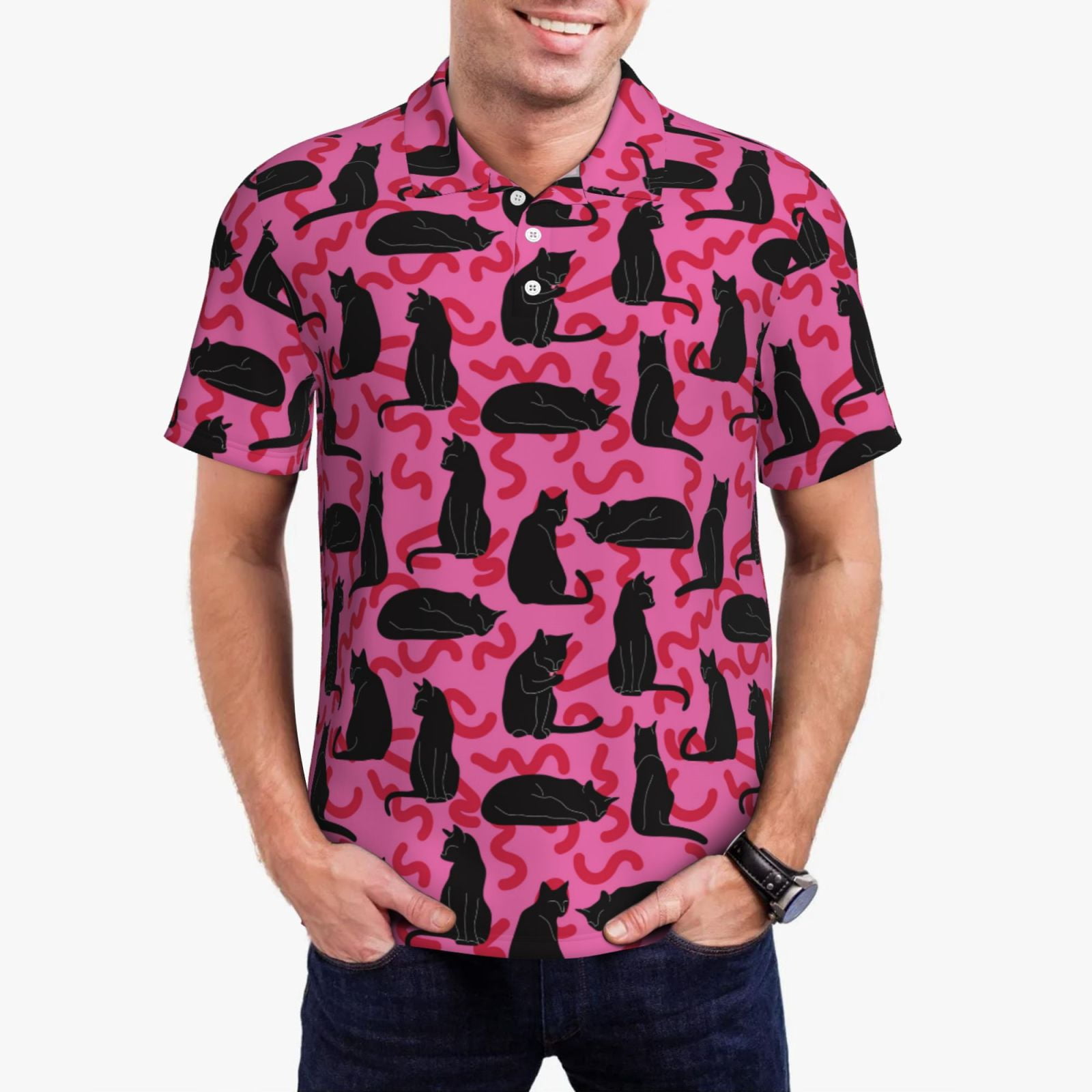 Polo Shirts for Men - Glamorous Cartoon Cat Black Classic Mens Polo ...