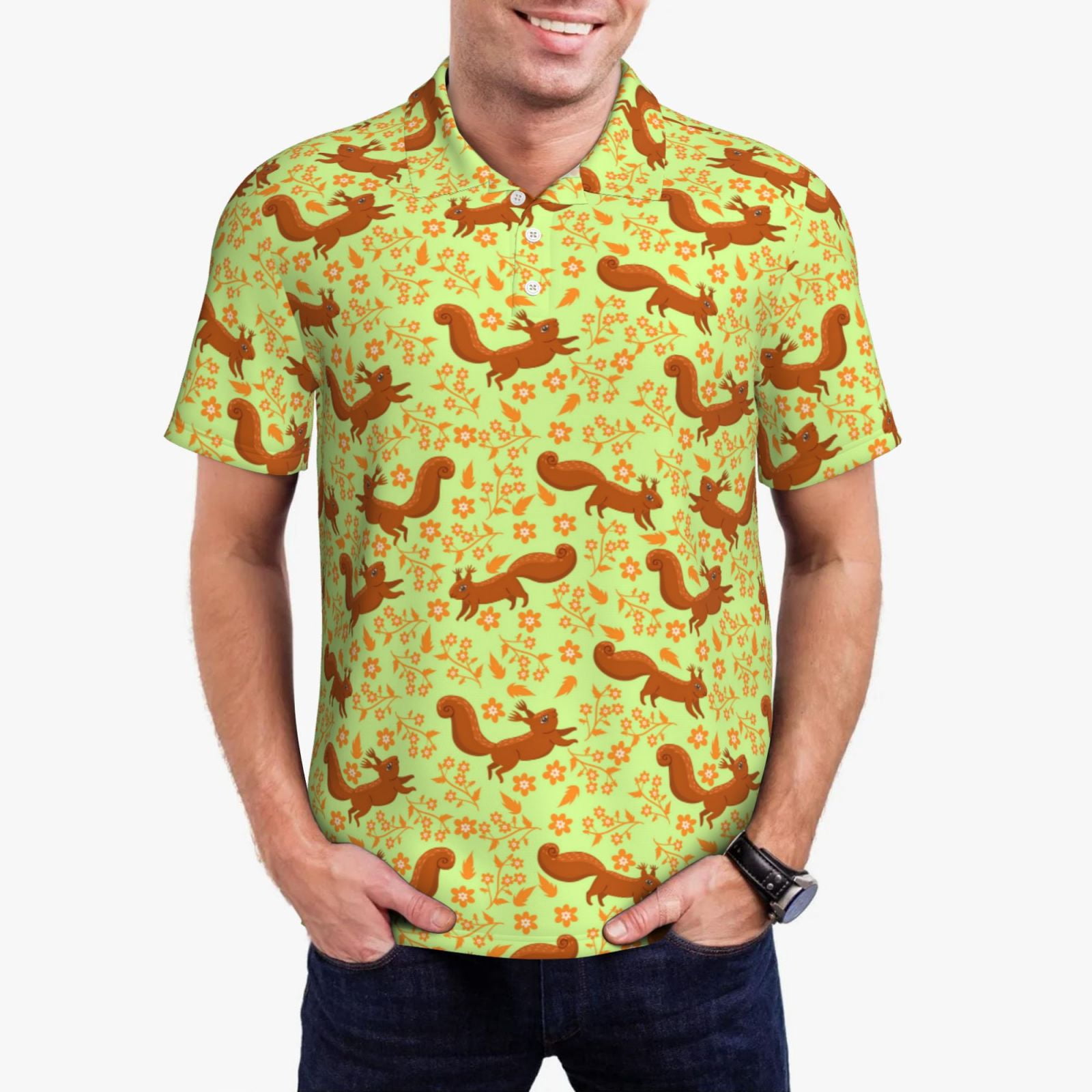 Polo Shirts for Men - Glamorous Cute Squirrel Flower Mens Polo Shirts ...
