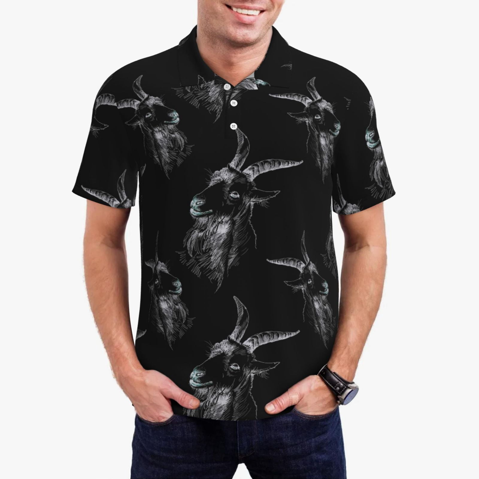Polo Shirts for Men, Goat heads hand drawn black cool Cuteness Casual ...