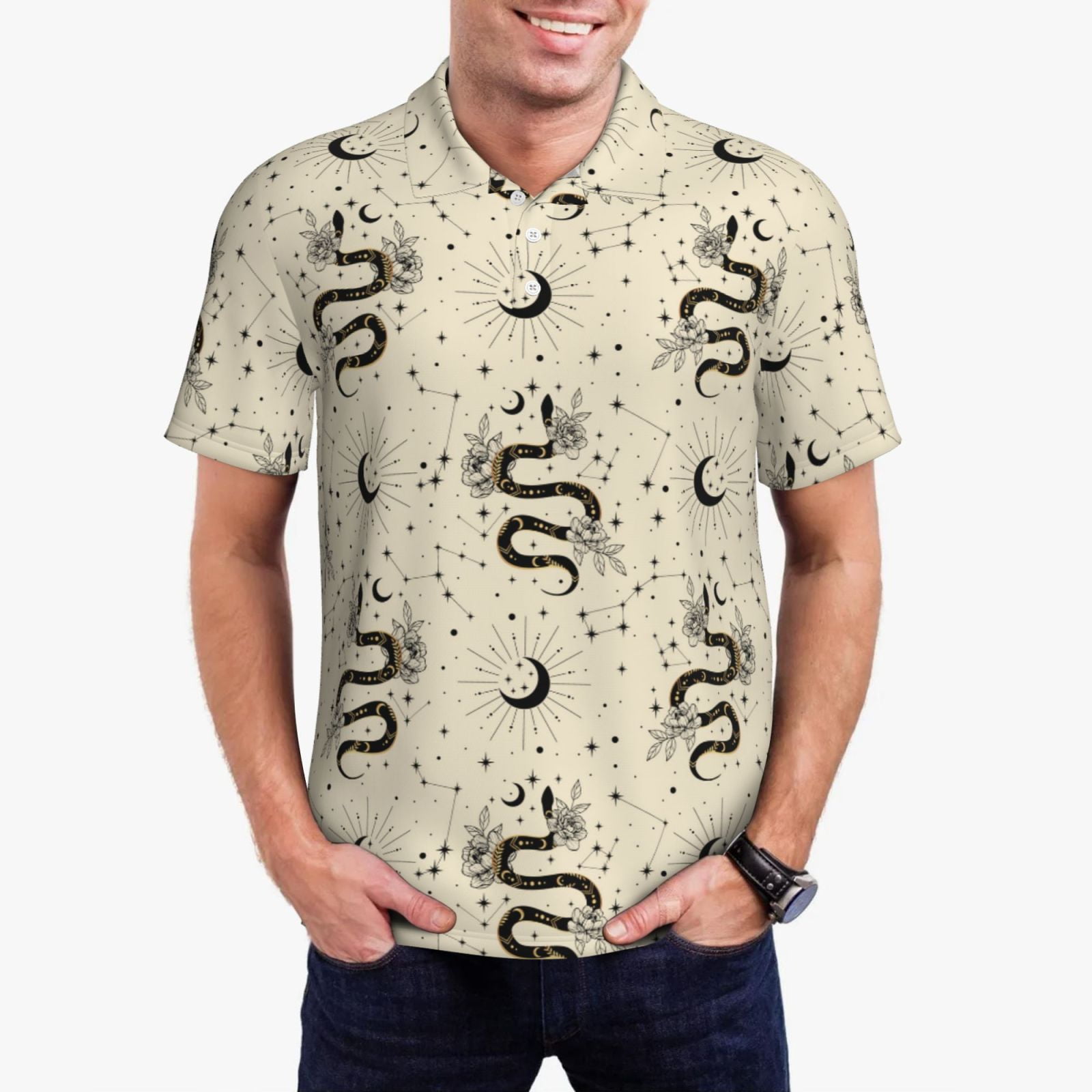 Polo Shirts for Men - Gothic Funny Black Snake Moon Mens Polo Shirts ...