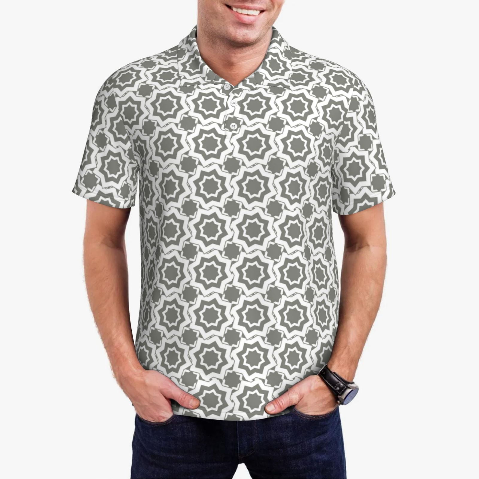 Polo Shirts for Men, Gray Geometric Star Array Cuteness Casual Mens ...