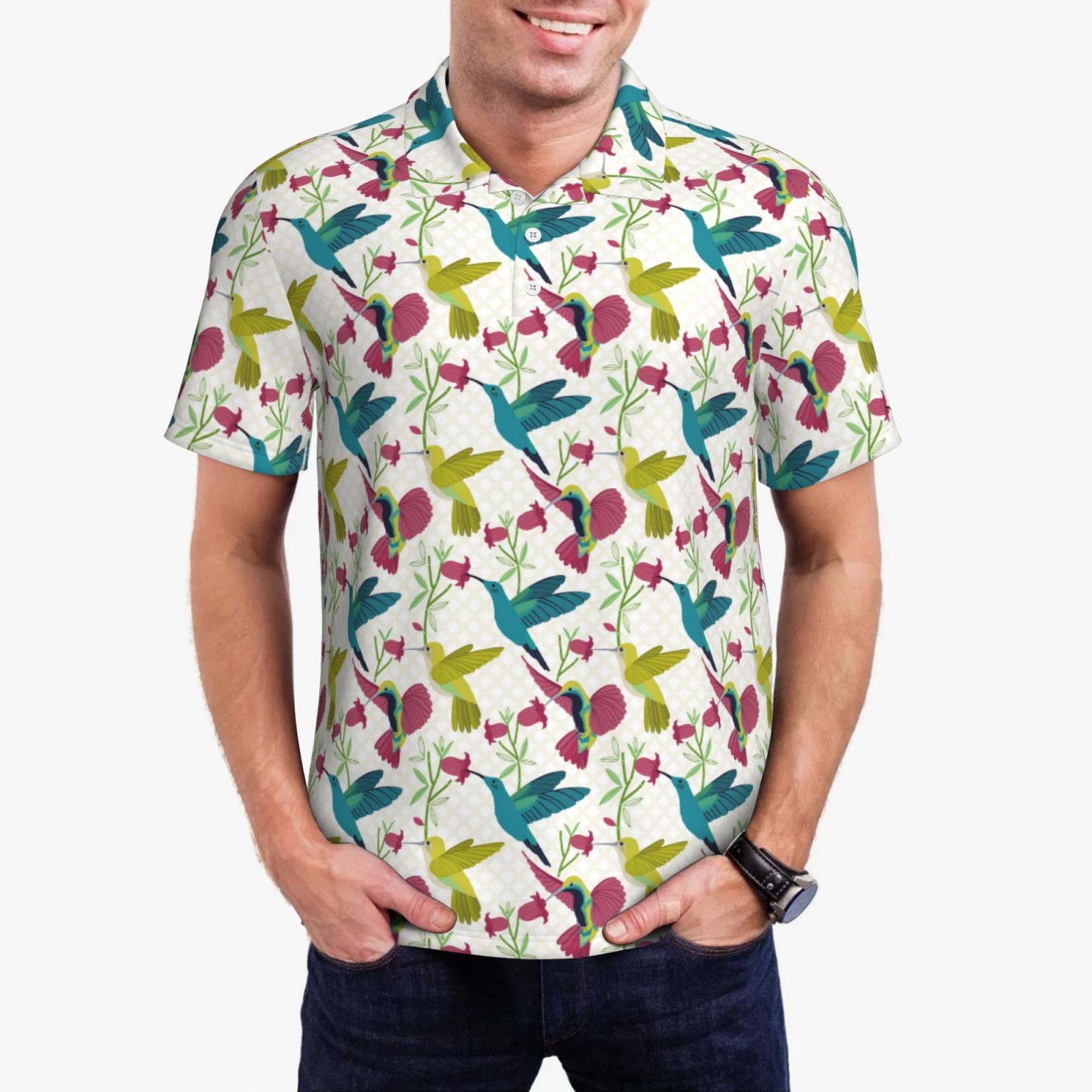 Polo Shirts for Men, Green Blue Purple Hummingbird Cuteness Casual Mens ...