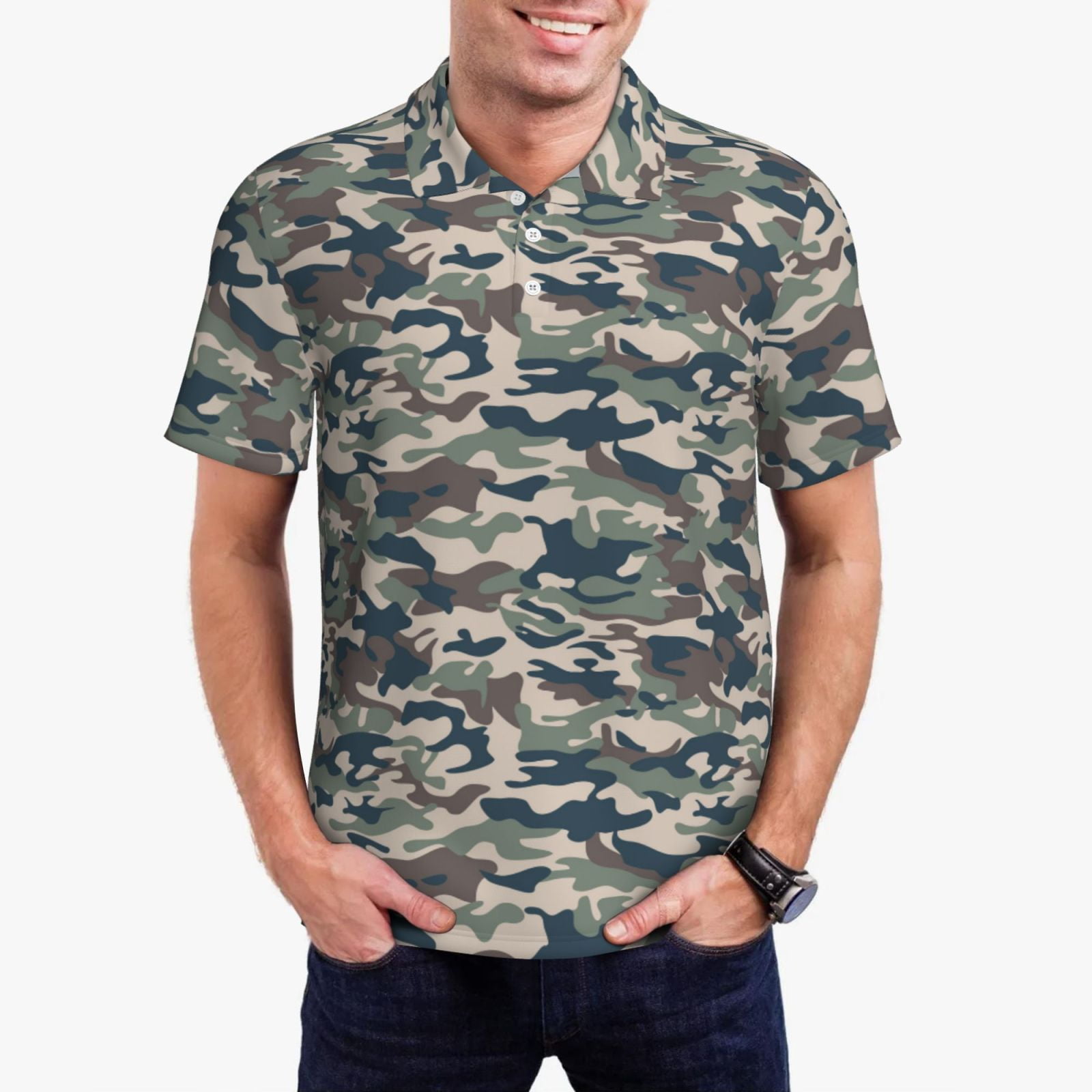 Polo Shirts for Men - Green Camouflage Print Classic Mens Polo Shirts Casual Short Sleeve Button ...