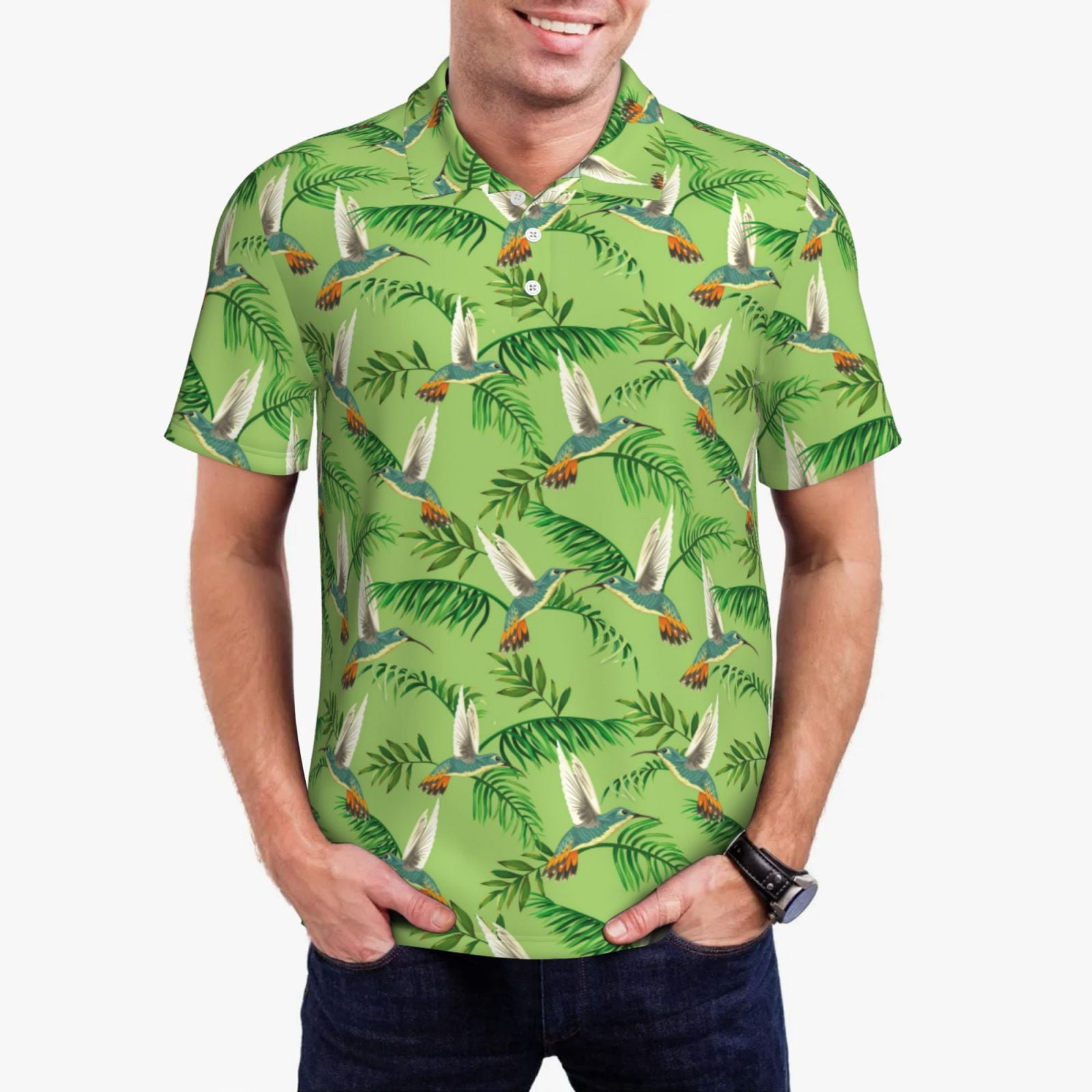 Polo Shirts for Men Green Hummingbird Palm Leaf Casual Mens Short ...
