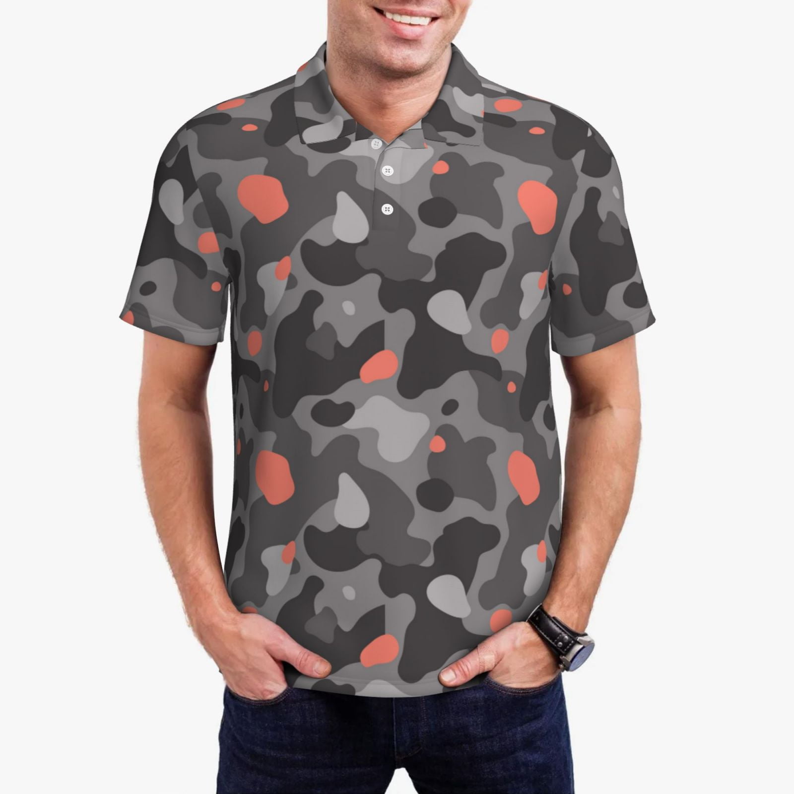 Polo Shirts for Men - Grey Red Camouflage Mens Polo Shirts Short Sleeve ...