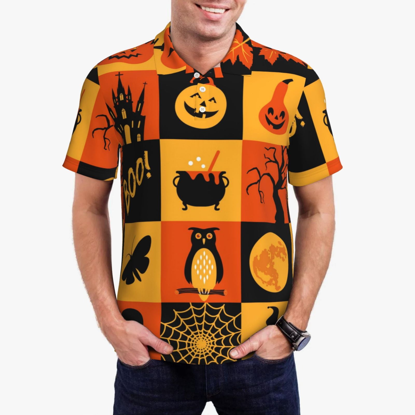 Polo Shirts for Men, Halloween Banner Symbols Soft Casual Mens Polo ...