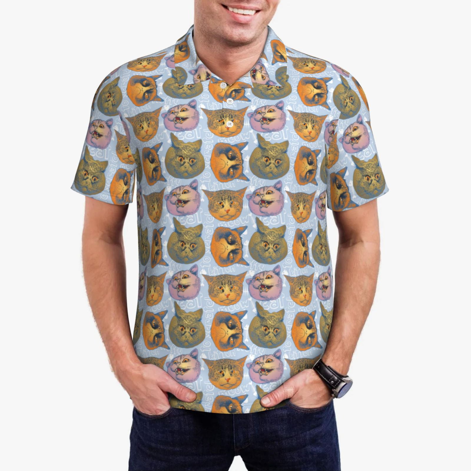 Polo Shirts for Men - Hand Drawn Funny Cat Face Mens Polo Shirts Short ...