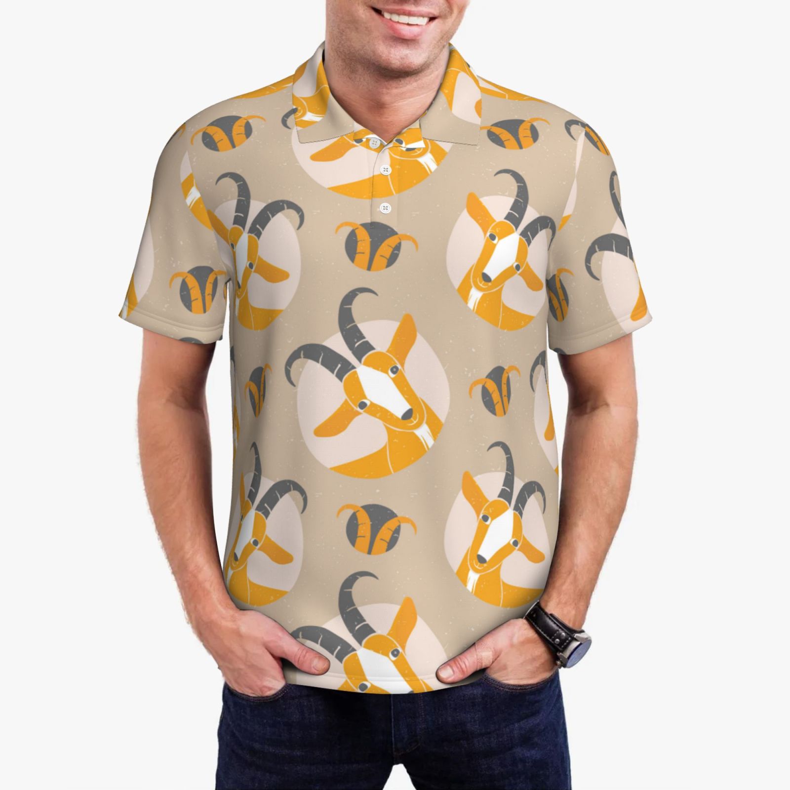 Polo Shirts for Men Hand Drawn Yellow Cute Goat Casual Mens Short ...