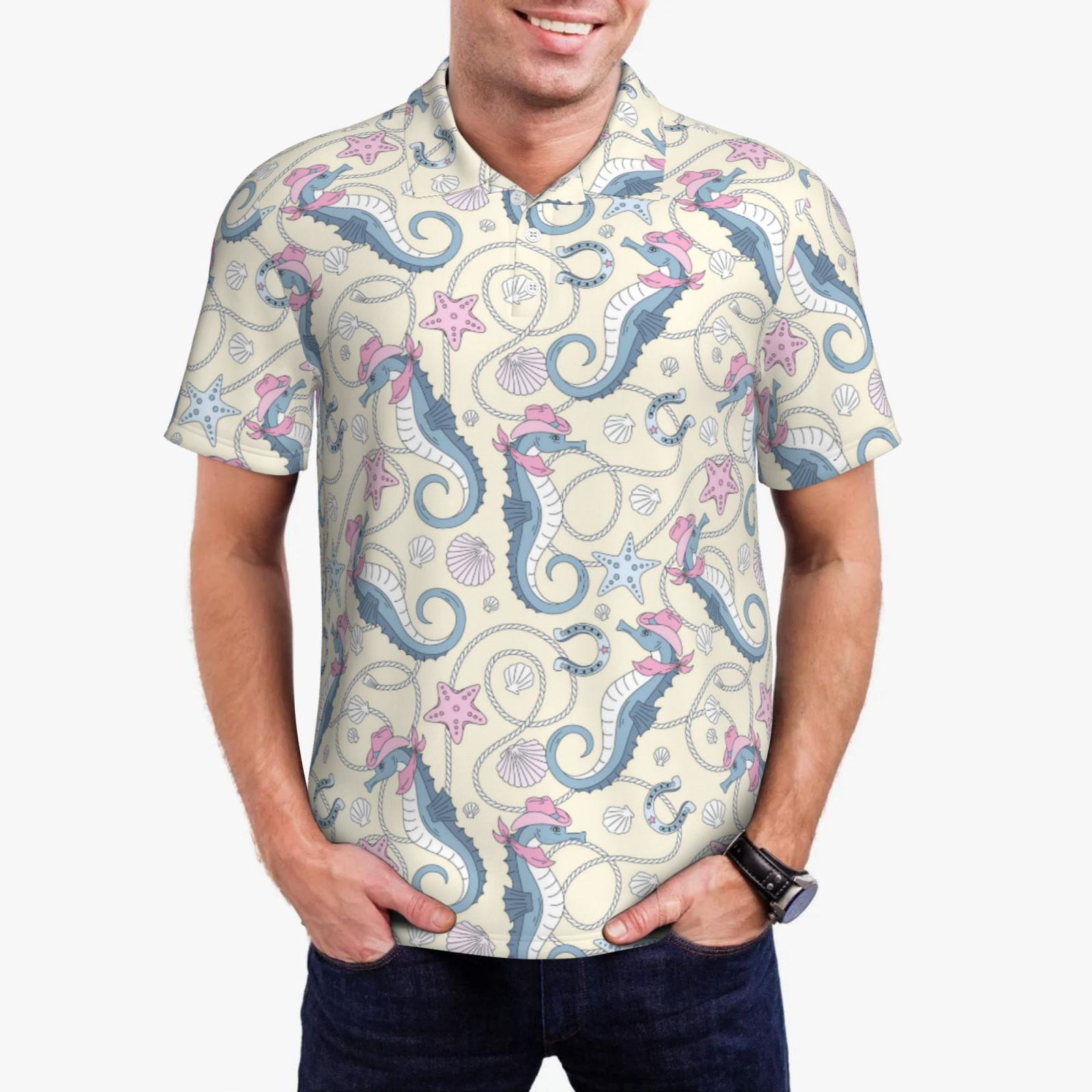 Polo Shirts for Men Howdy sea horse cowboy western Casual Mens Short ...