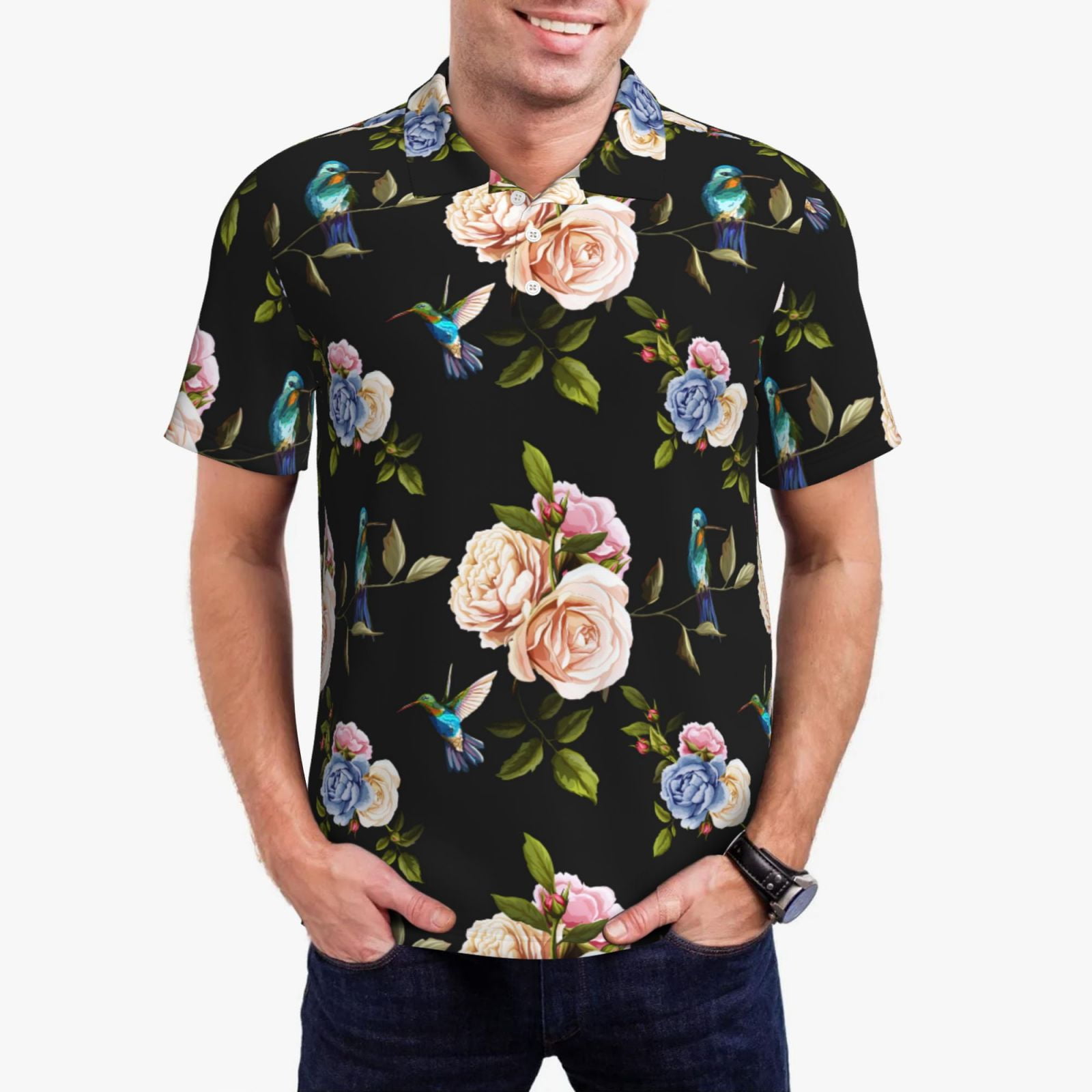 Polo Shirts for Men - Hummingbird Carnation Black Mens Polo Shirts ...