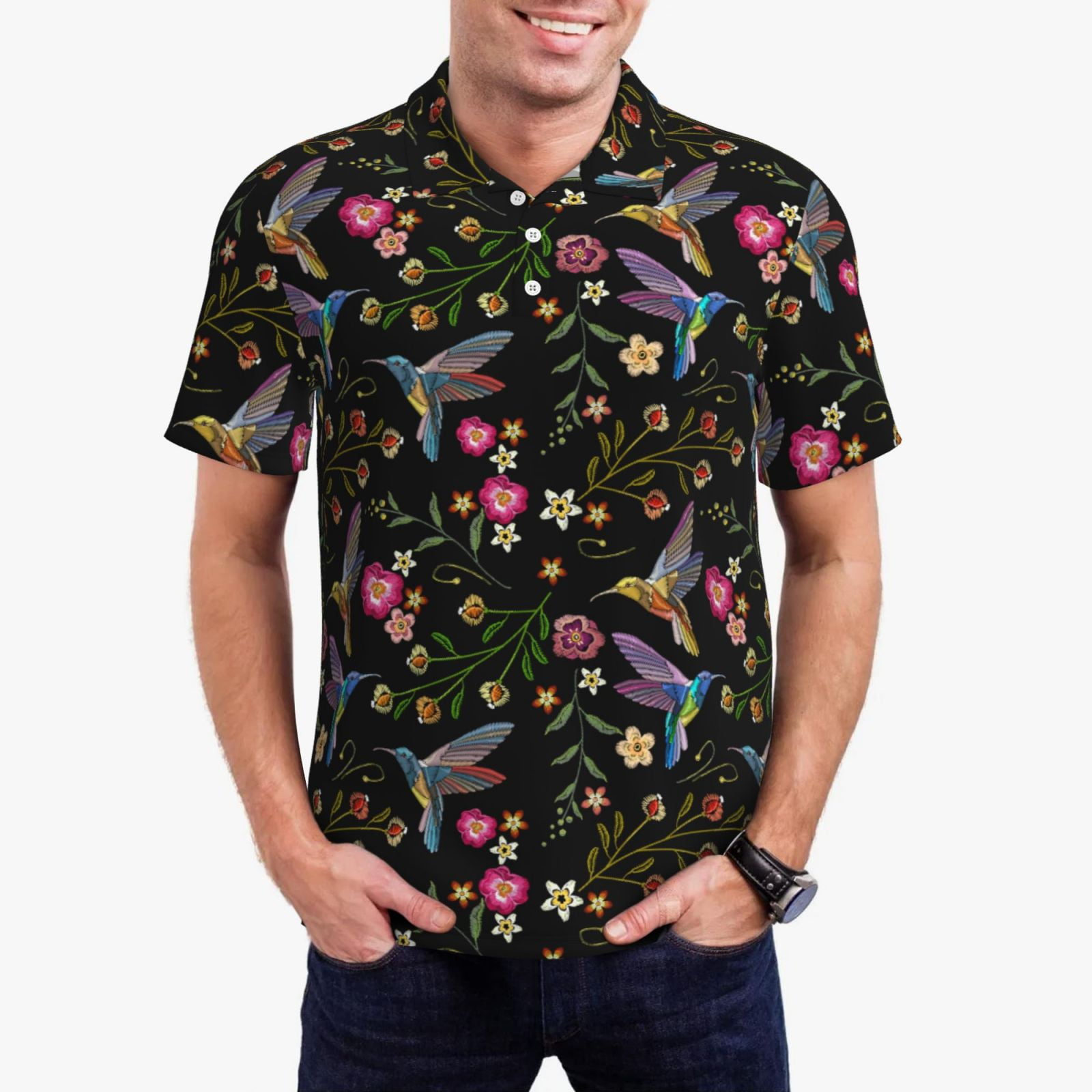 Polo Shirts for Men, Hummingbird Flower Pattern Cuteness Casual Mens ...