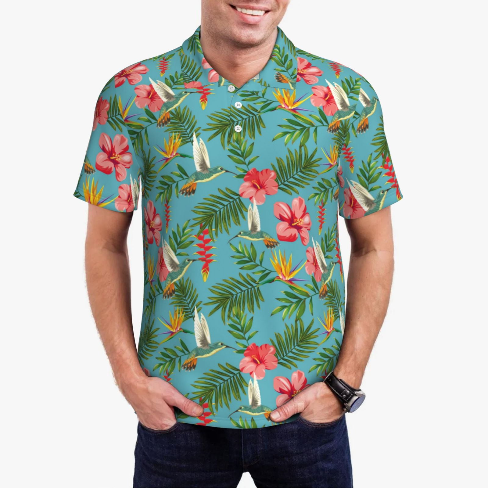 Polo Shirts for Men - Hummingbird Green Leaf Red Hibiscus Mens Polo ...