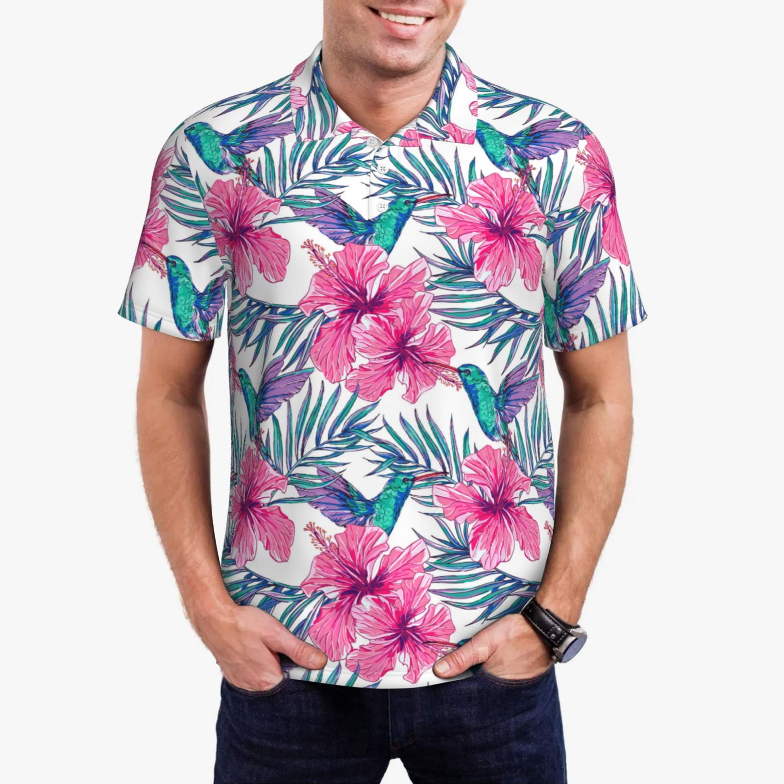 Polo Shirts for Men, Hummingbird Leaf Flower Cuteness Casual Mens Polo ...