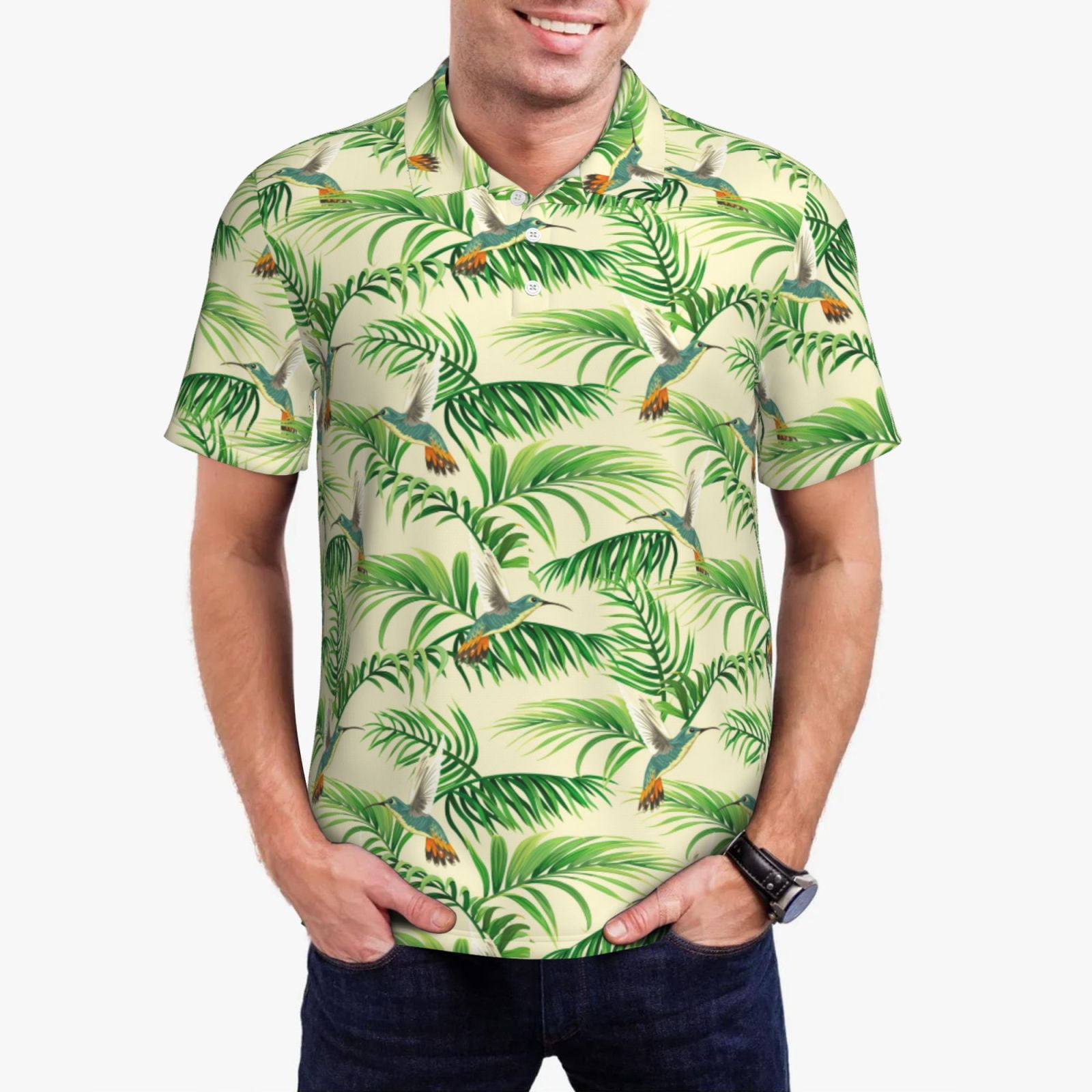 Polo Shirts for Men - Hummingbird Palm Leaf Green Mens Polo Shirts ...