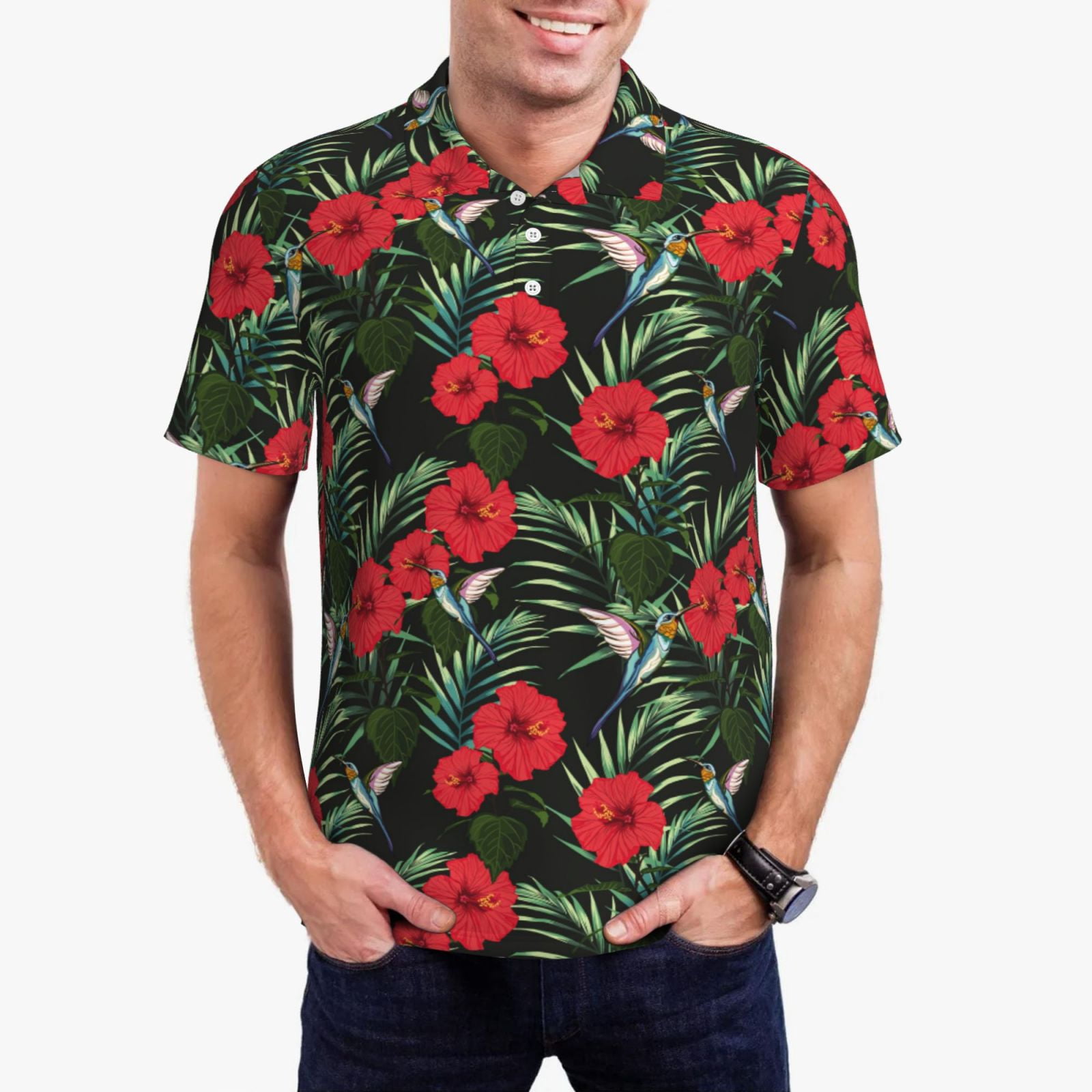 Polo Shirts for Men Hummingbird Red Hibiscus Casual Mens Short Sleeve ...