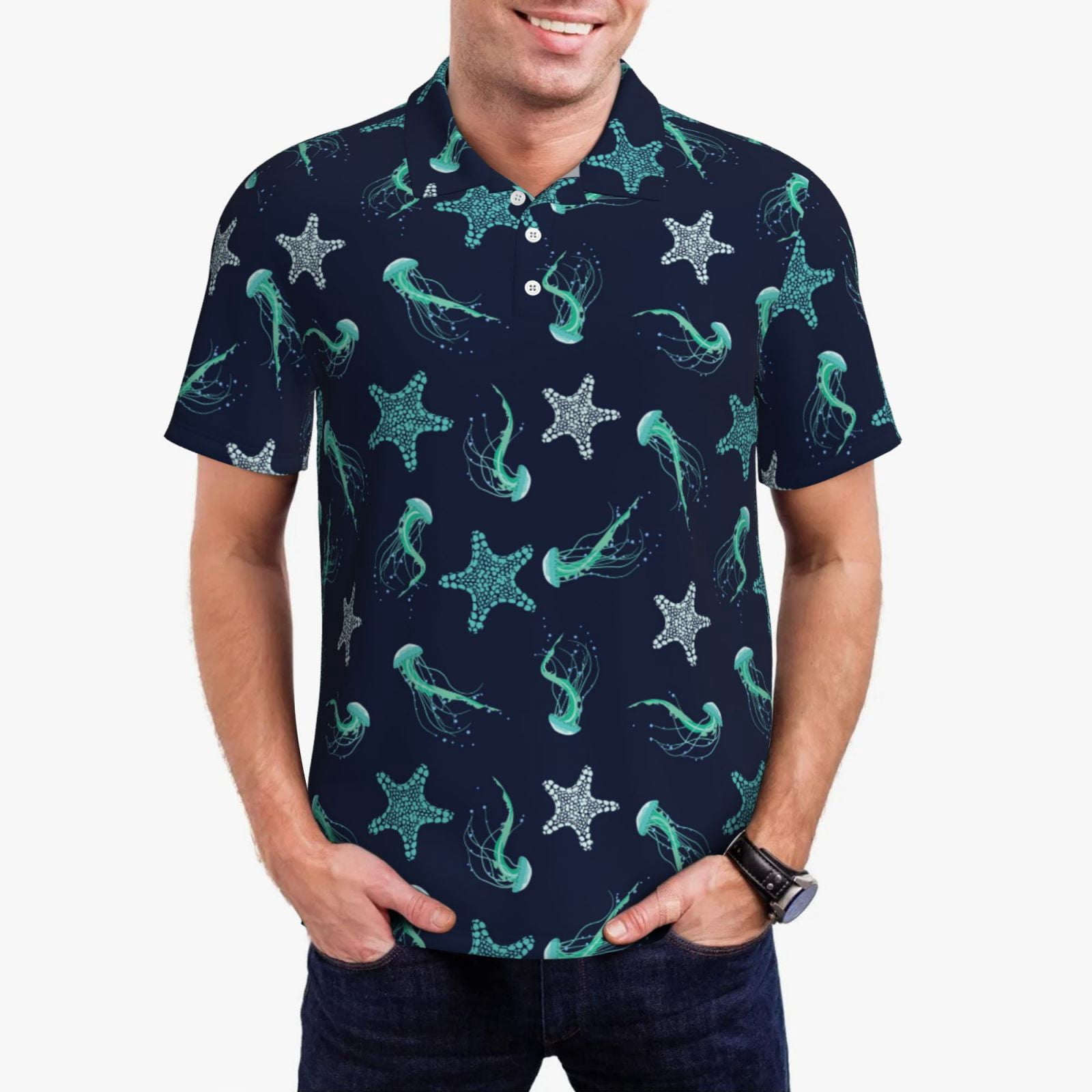 Polo Shirts for Men - Ice Blue Starfish and Jellyfish Mens Polo Shirts ...