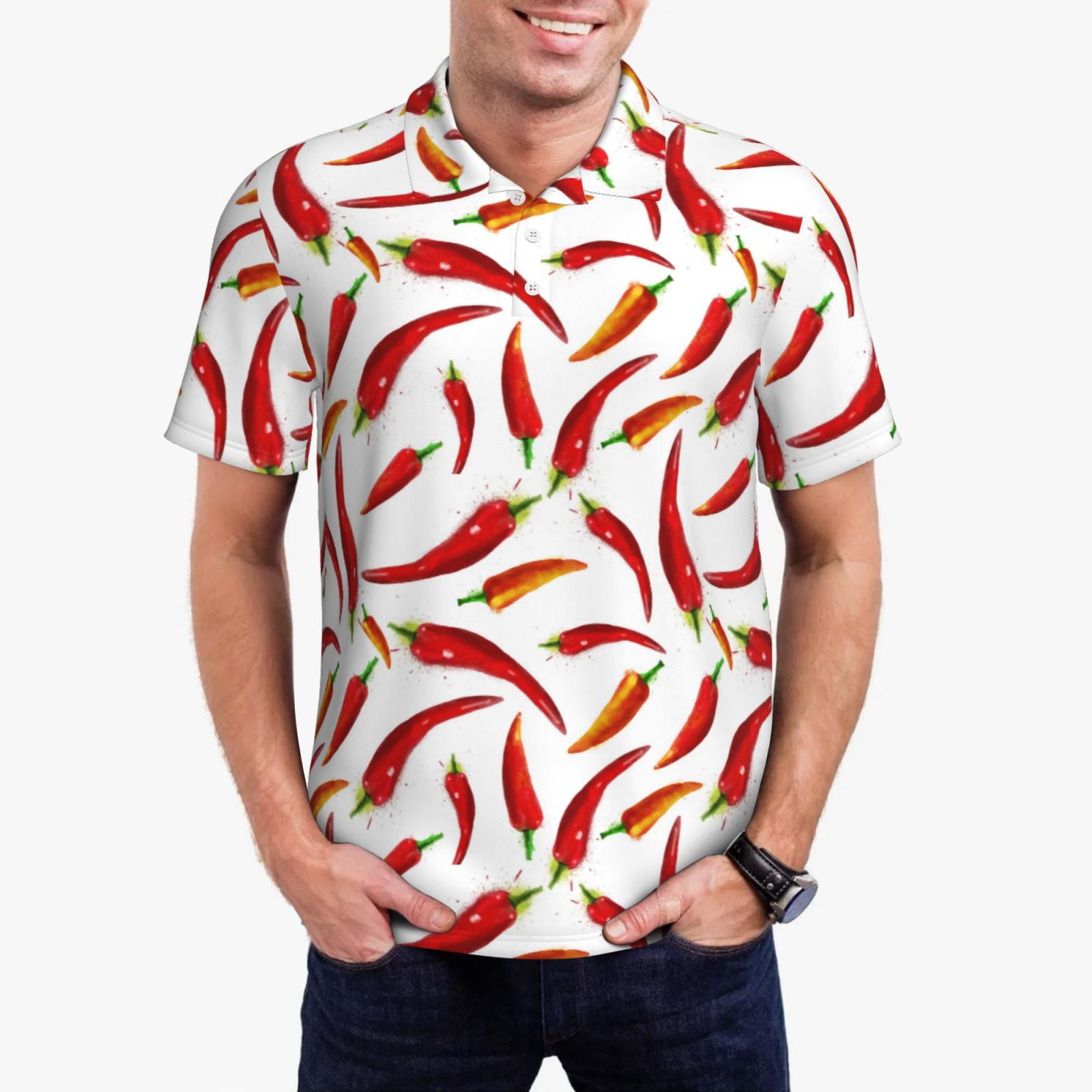 Polo Shirts for Men - Ink Chili Pepper Print Classic Mens Polo Shirts ...