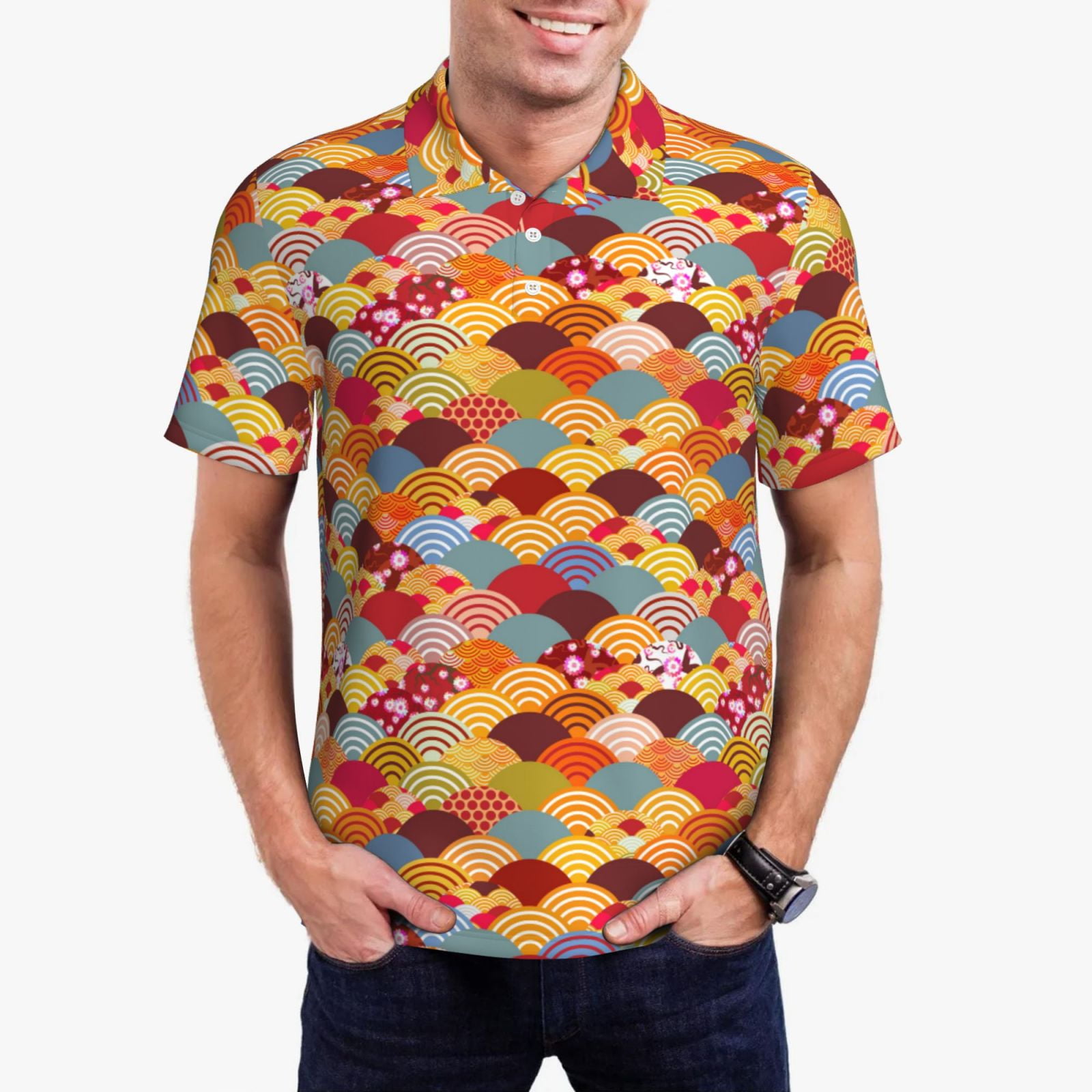 Polo Shirts for Men Japanese Style Fish Scales Casual Mens Short Sleeve ...