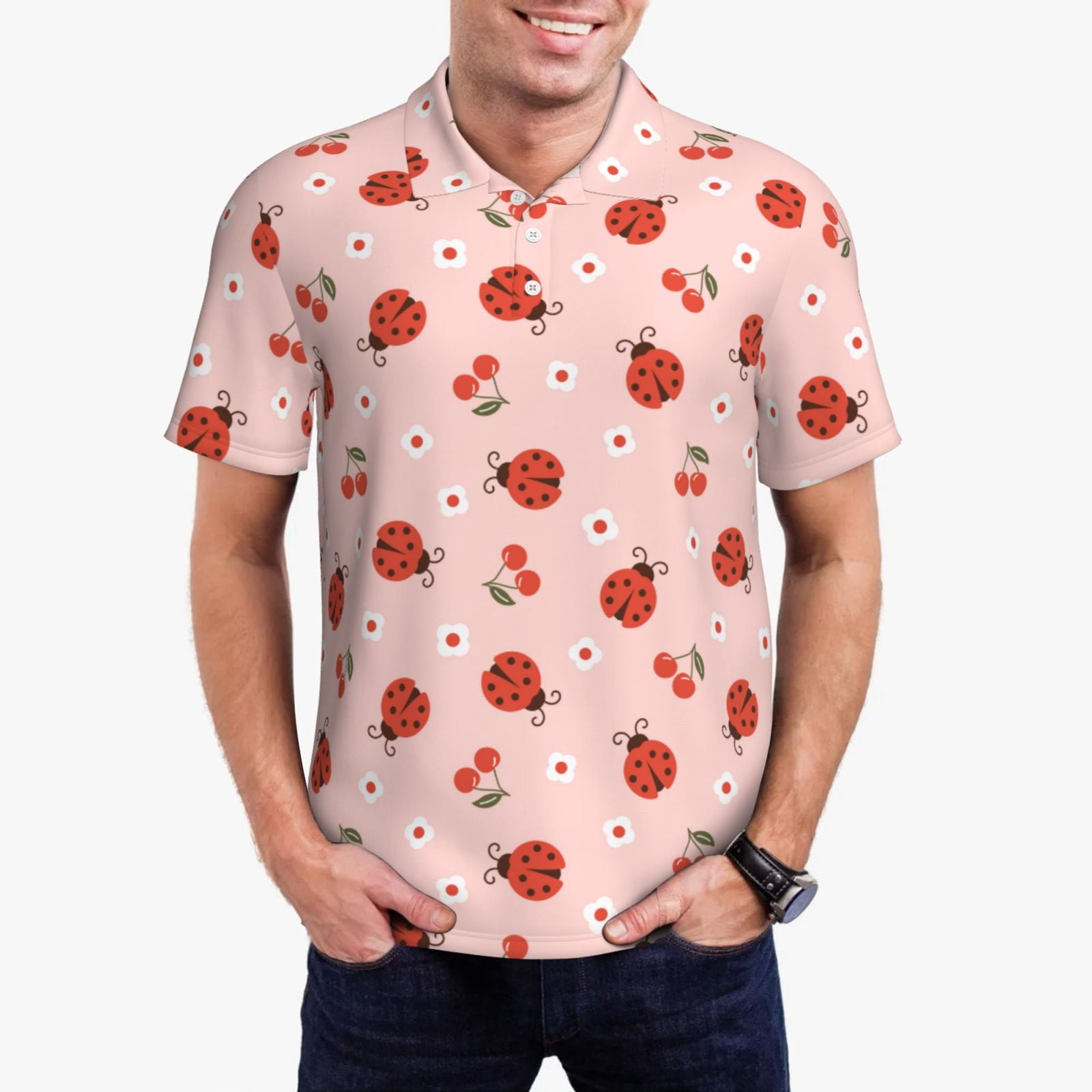 Polo Shirts for Men, Ladybug With Flower Cuteness Casual Mens Polo ...