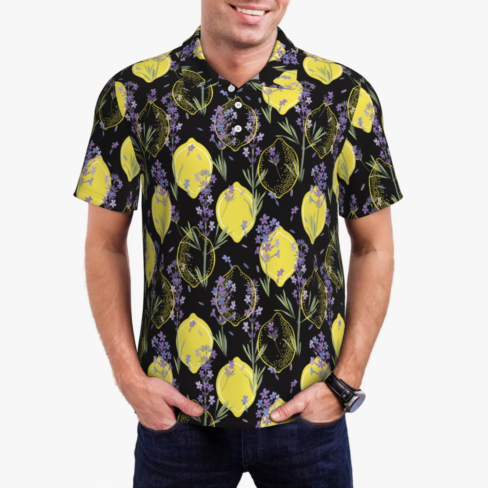 Polo Shirts for Men Lavender Flowers Lemon Casual Mens Short Sleeve ...
