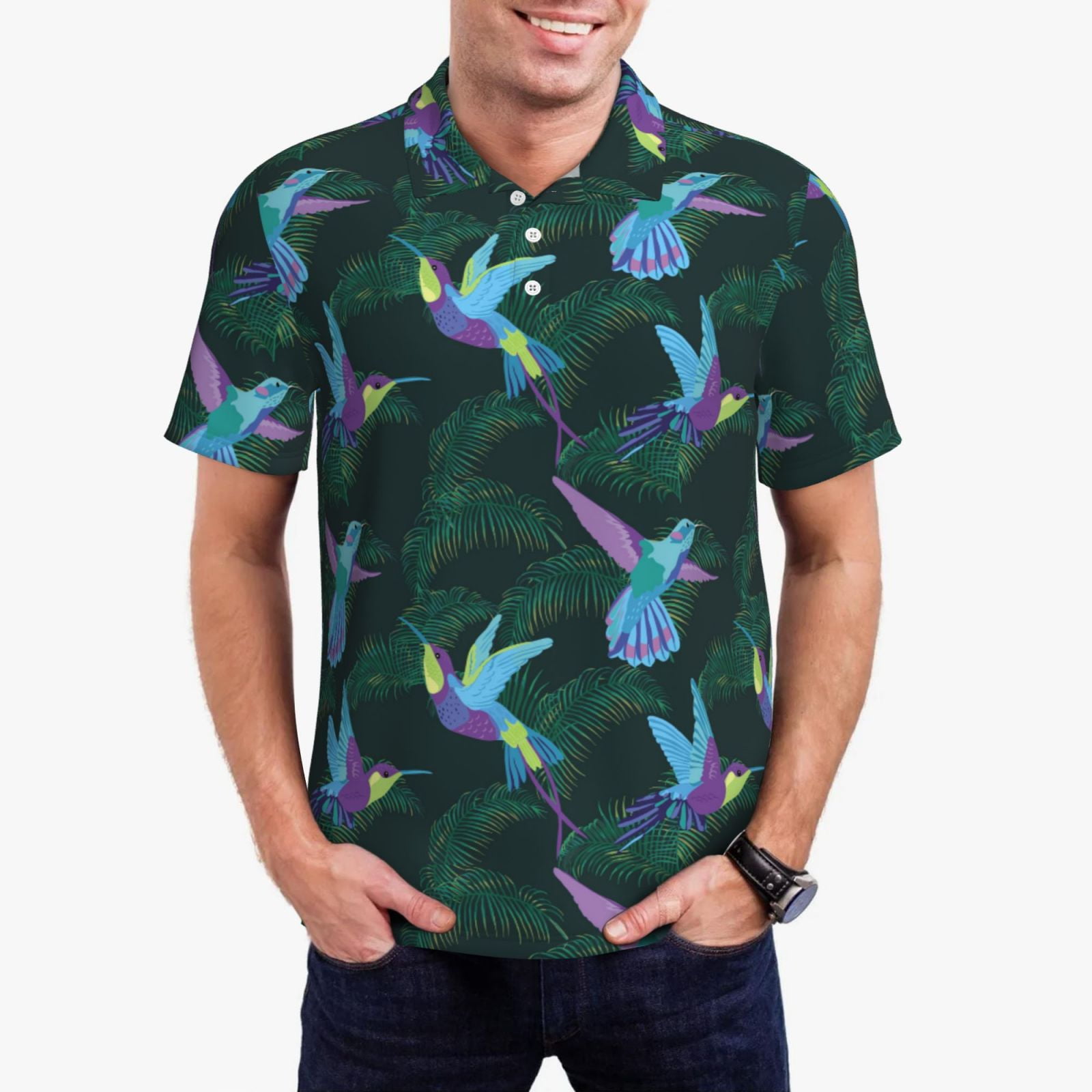 Polo Shirts for Men - Leafy Hummingbird Mens Polo Shirts Short Sleeve ...