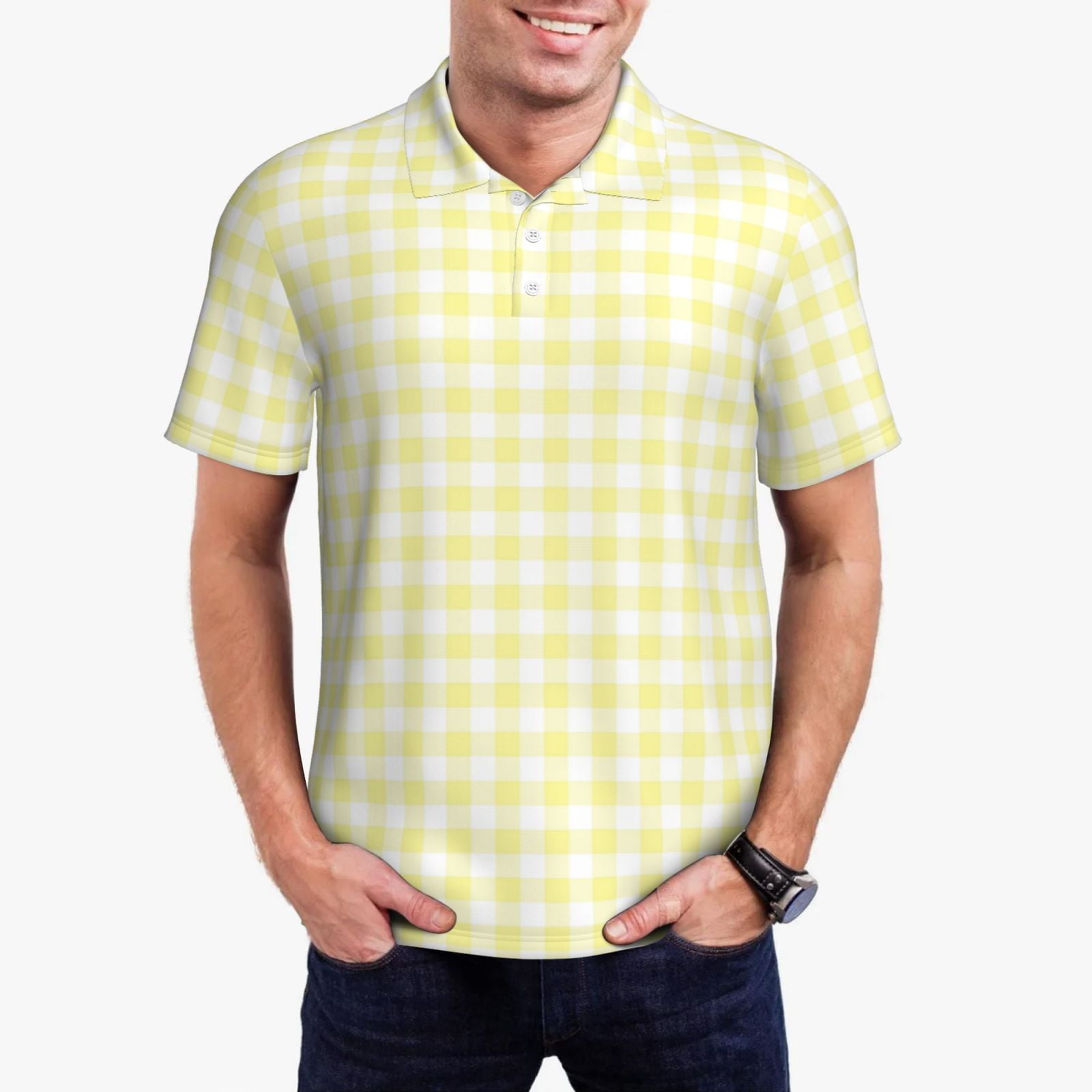 Polo Shirts for Men, Lemon Yellow Checkboard Cuteness Casual Mens Polo ...