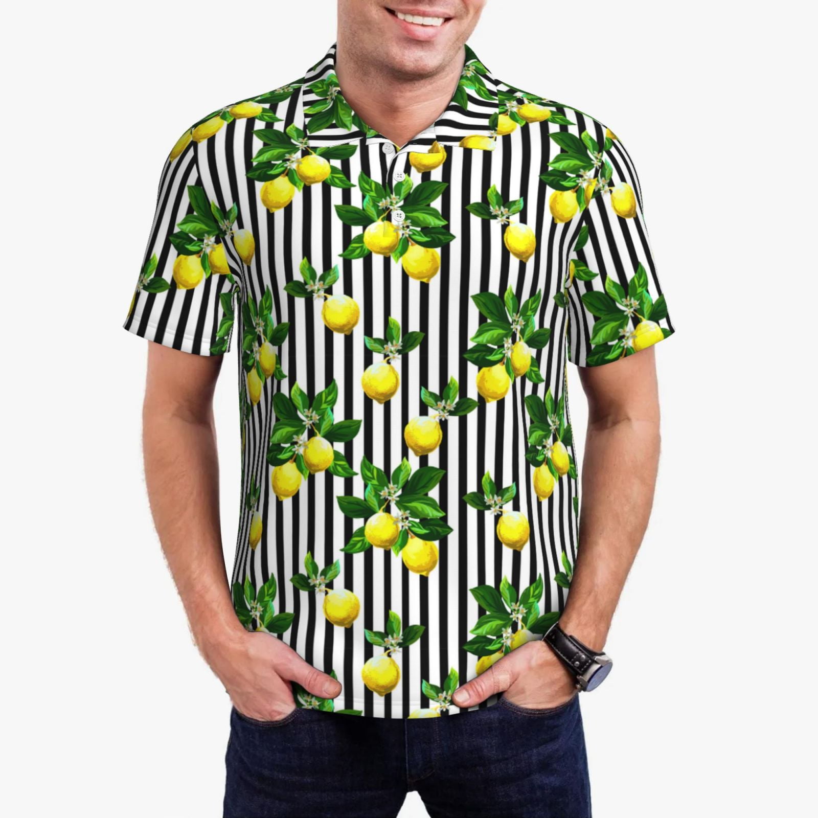Polo Shirts for Men, Lemons on Striped Cuteness Casual Mens Polo Shirts ...
