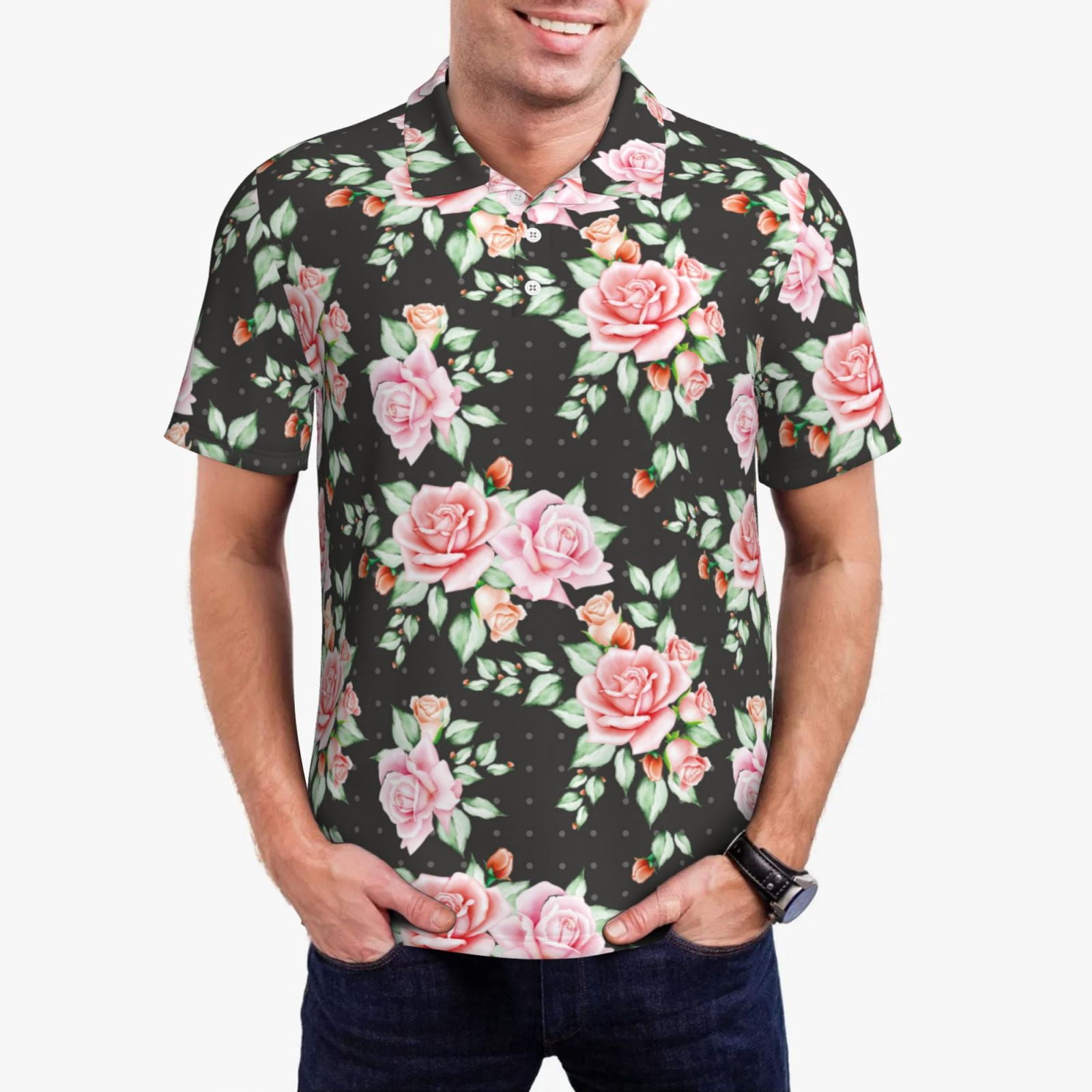 Polo Shirts for Men - Lighet Pink Rose Flowers Mens Polo Shirts Short ...