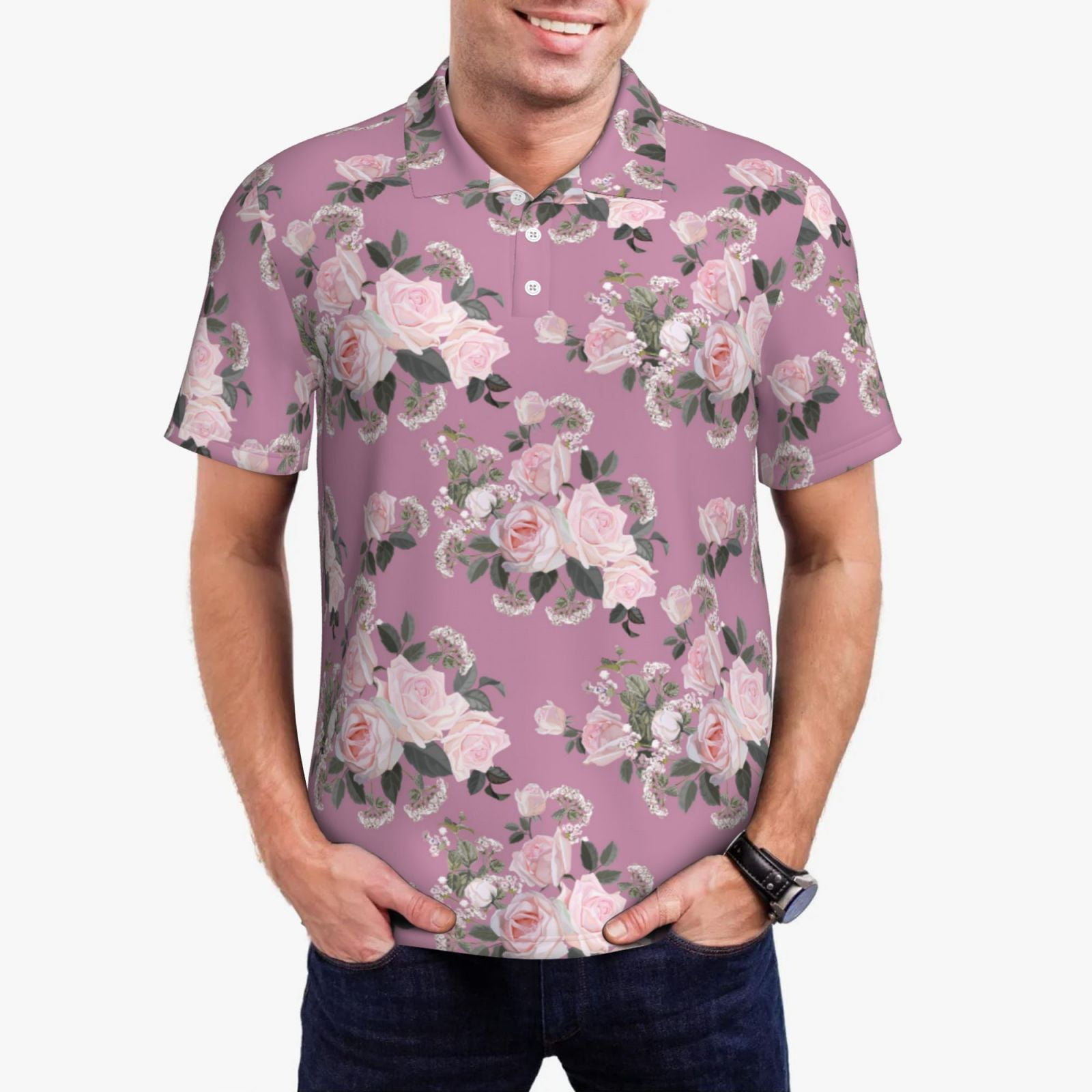 Polo Shirts for Men - Ligtt Pink Rose Flowers Mens Polo Shirts Short ...