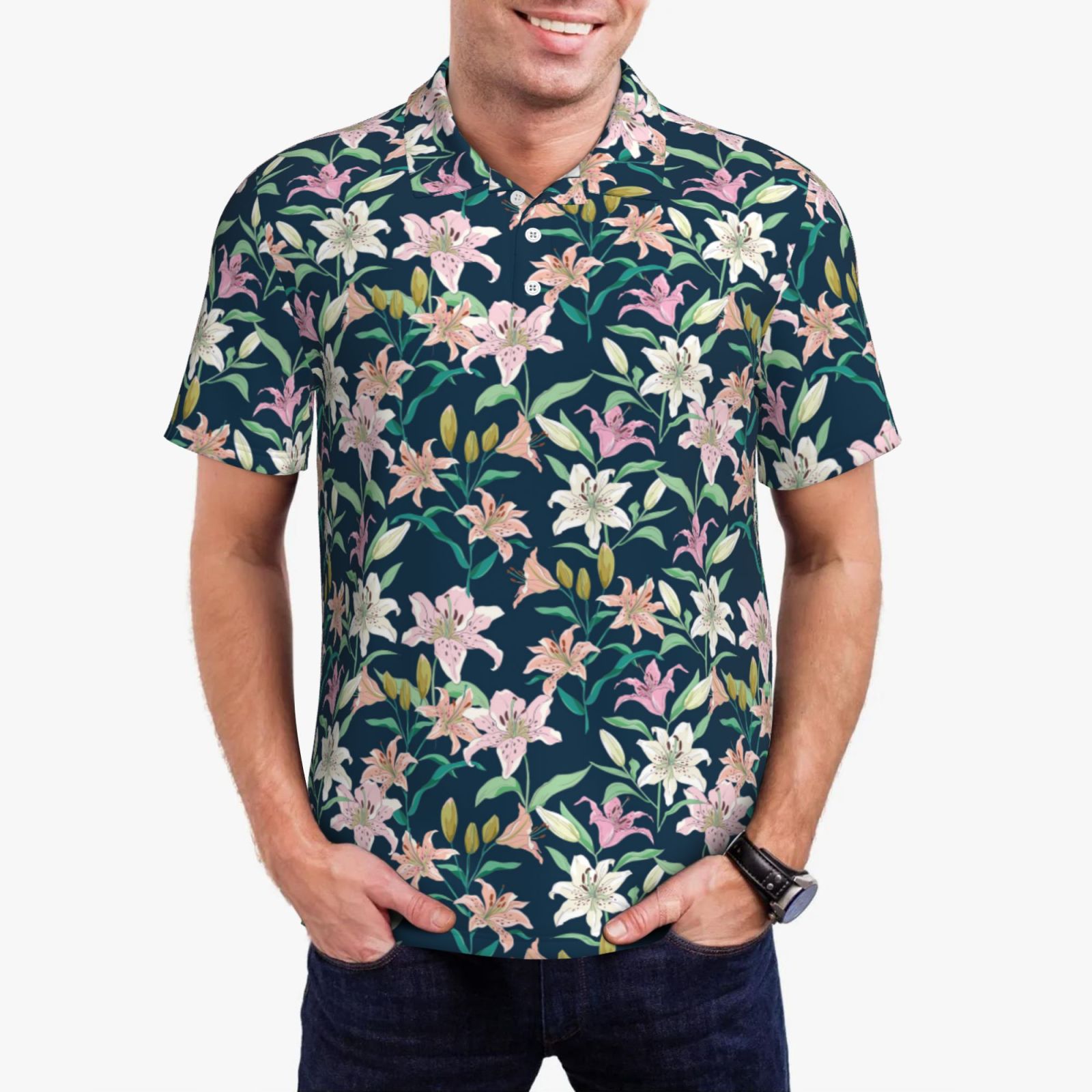 Polo Shirts for Men - Lilies Flowers Gorgeous Pink Classic Mens Polo ...