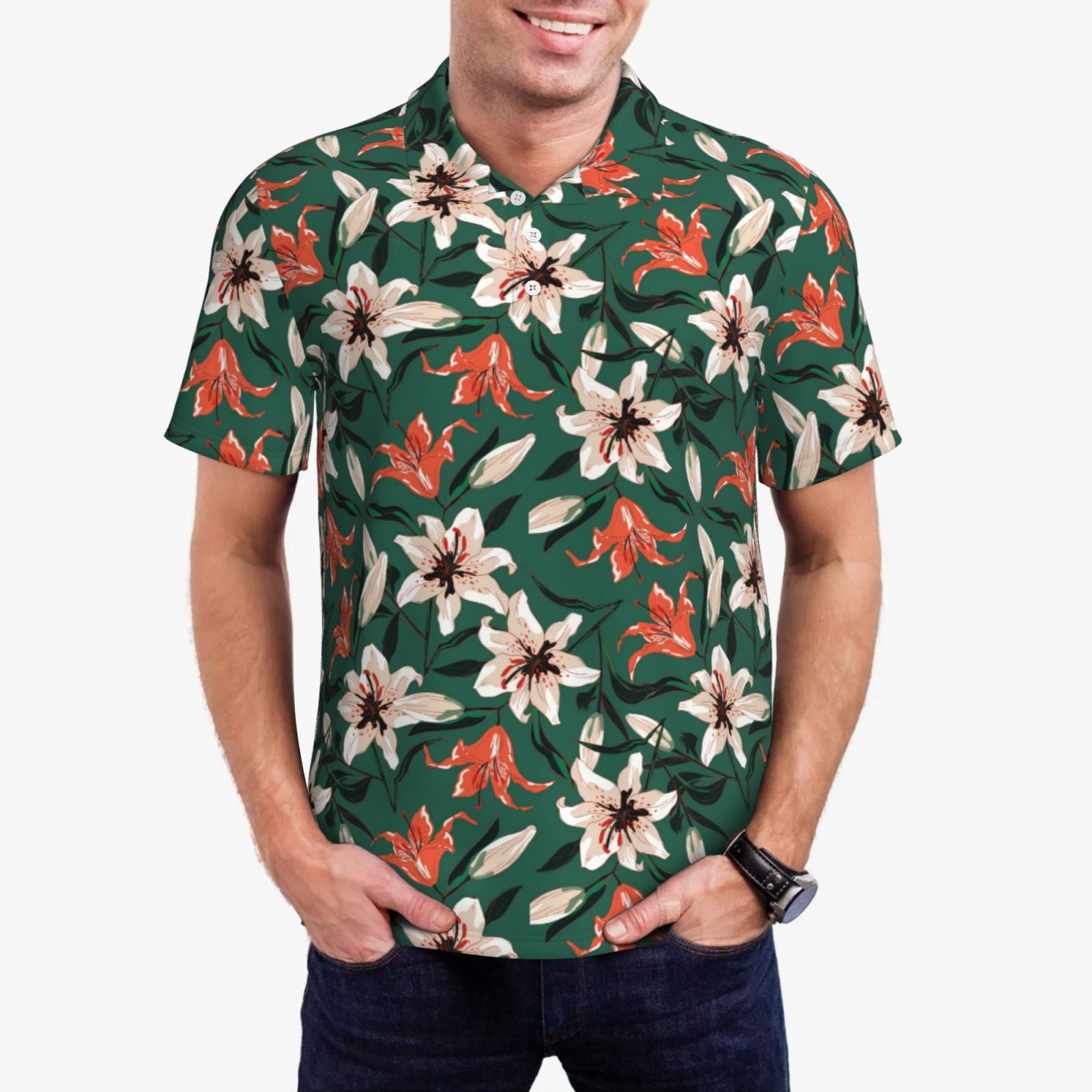 Polo Shirts for Men - Lilies Flowers Green Mens Polo Shirts Short ...