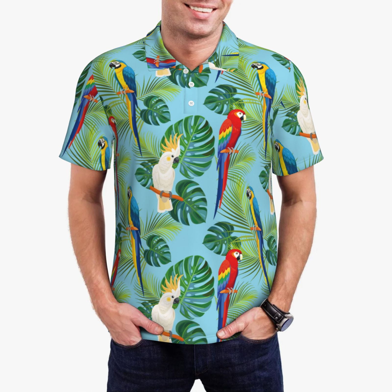 Polo Shirts for Men - Macaw Cockatoo Monstera Mens Polo Shirts Short ...