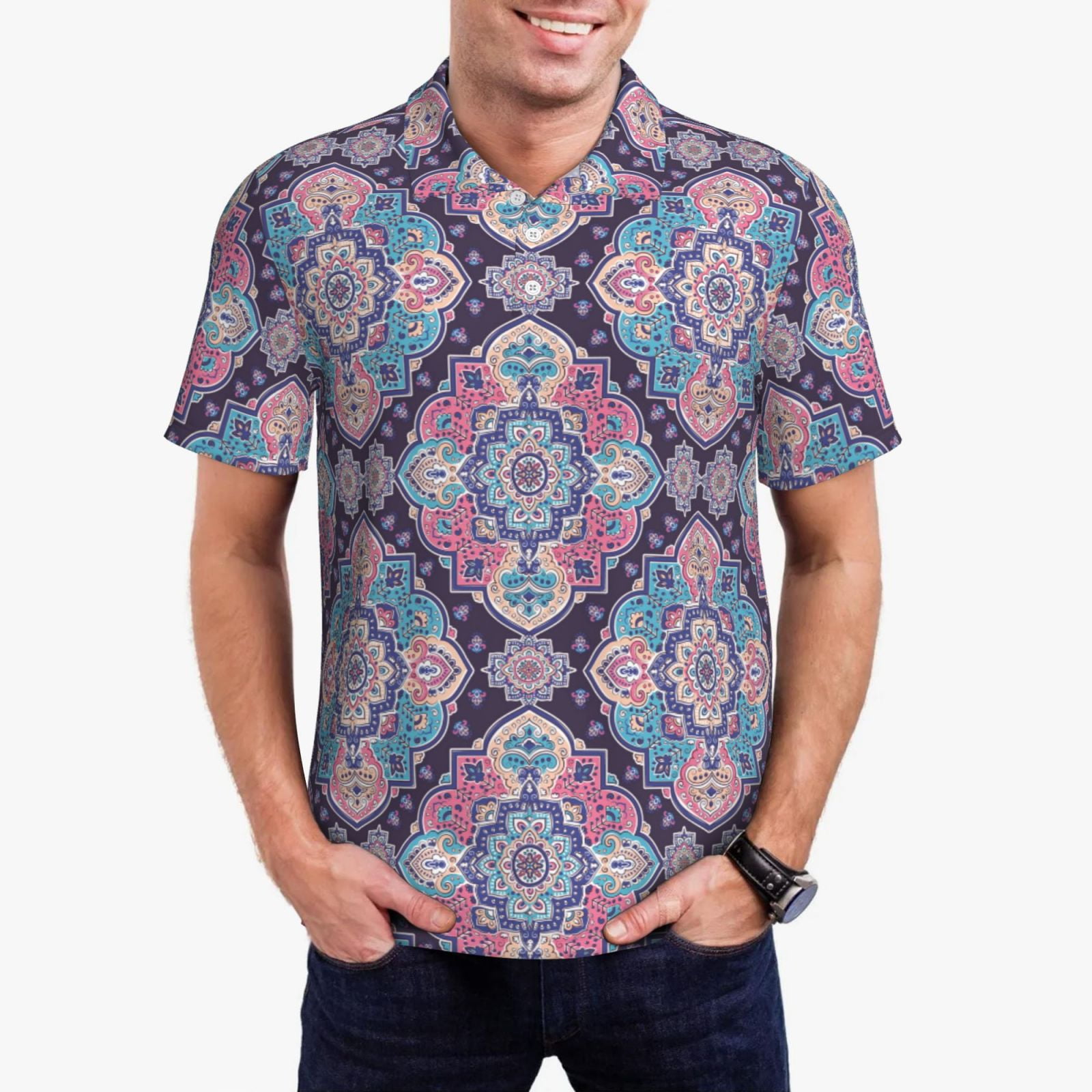 Polo Shirts for Men, Mandala Boho Pattern Cuteness Casual Mens Polo ...