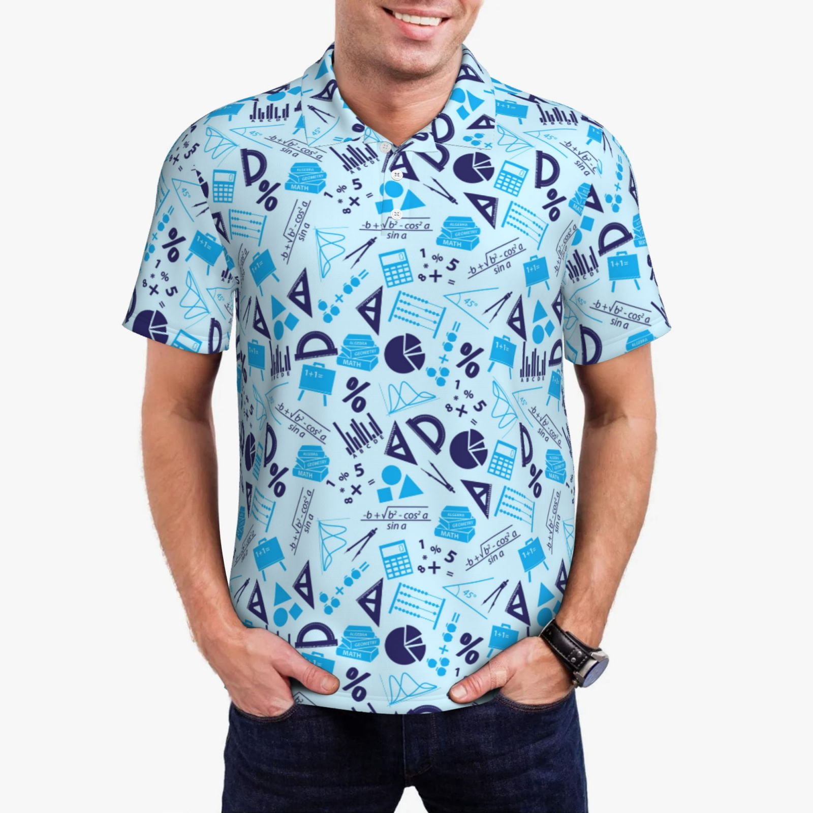 Polo Shirts for Men - Math Print ruler blue Classic Mens Polo Shirts ...