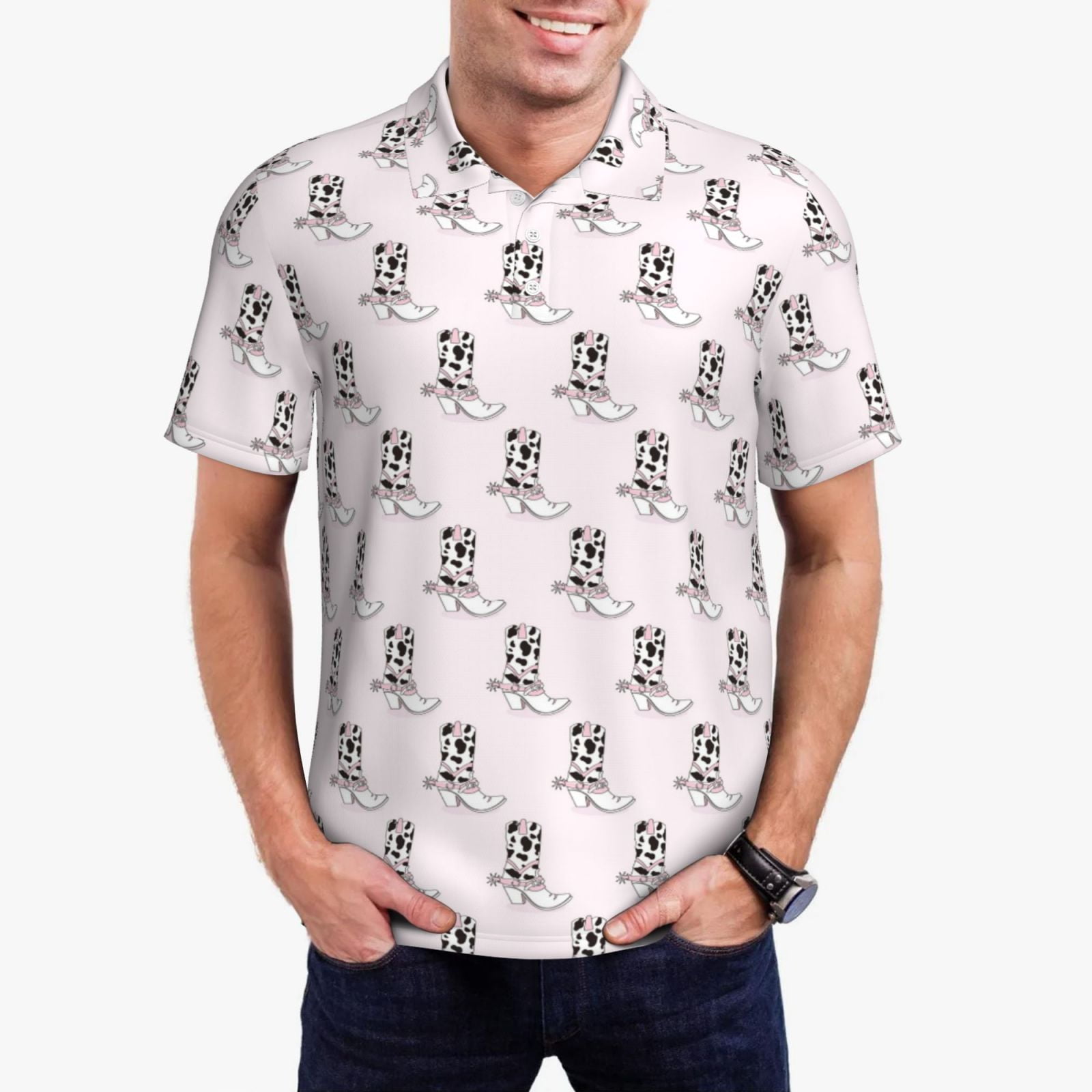 Polo Shirts for Men - Modern Cartoon Cow Print Boots Mens Polo Shirts ...