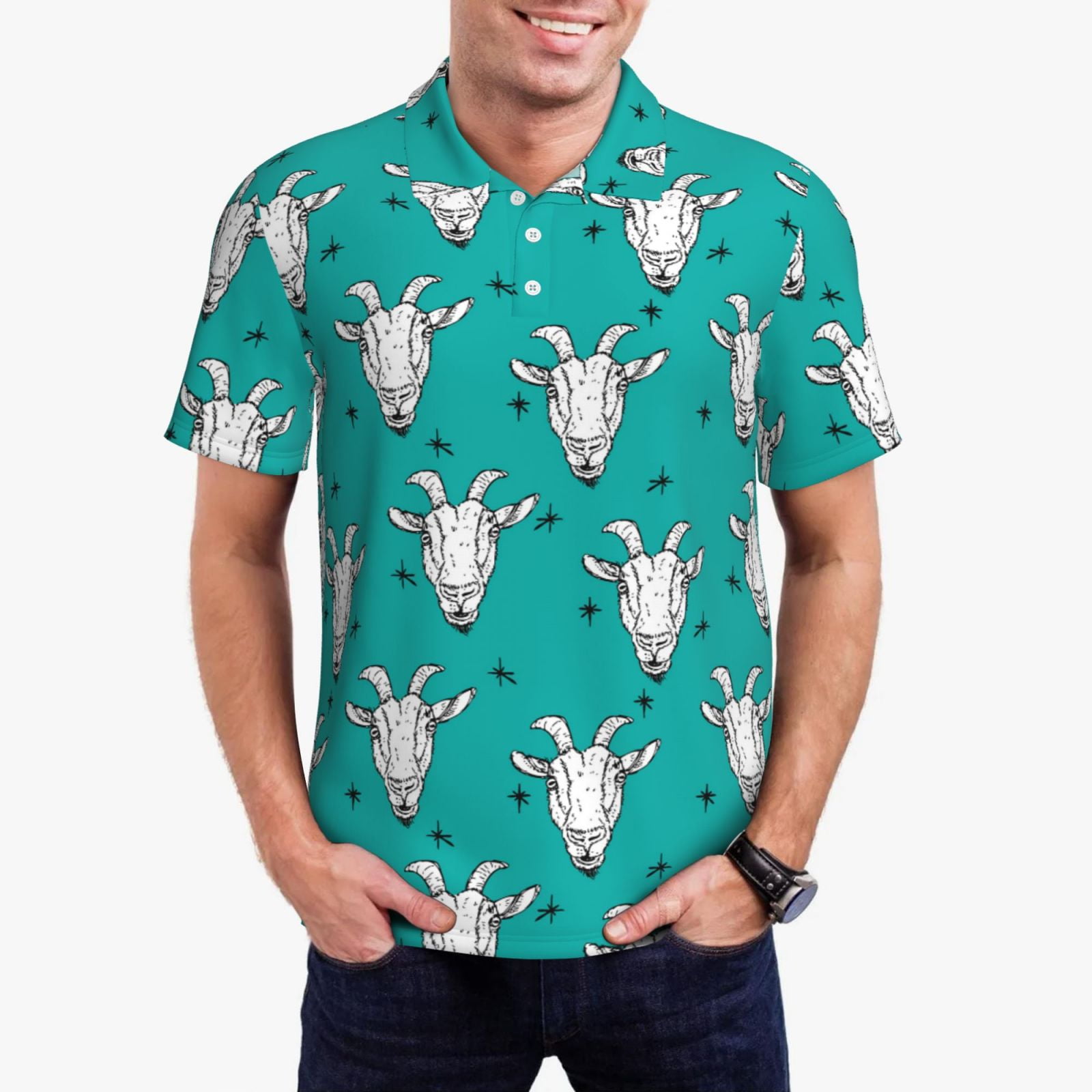 Polo Shirts for Men - Modern Cartoon Goat Head White Mens Polo Shirts ...