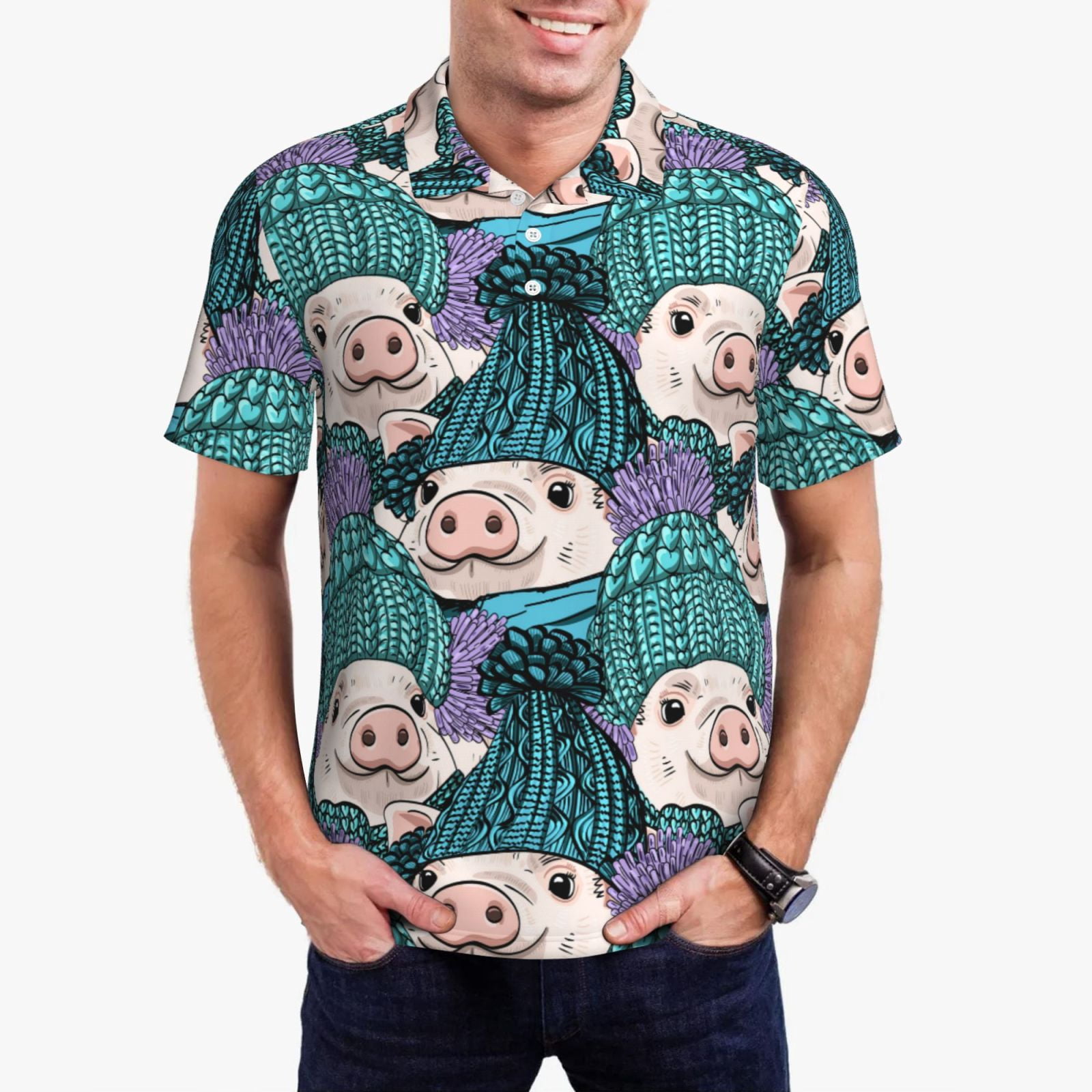 Polo Shirts for Men, Modern Cute Hat Pig Cuteness Casual Mens Polo ...