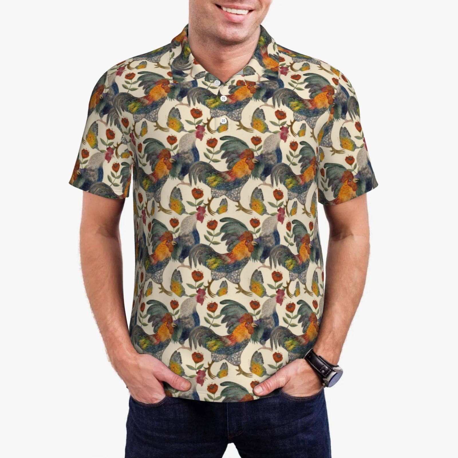 Polo Shirts for Men - Multi-Colored Roosters Classic Mens Polo Shirts ...