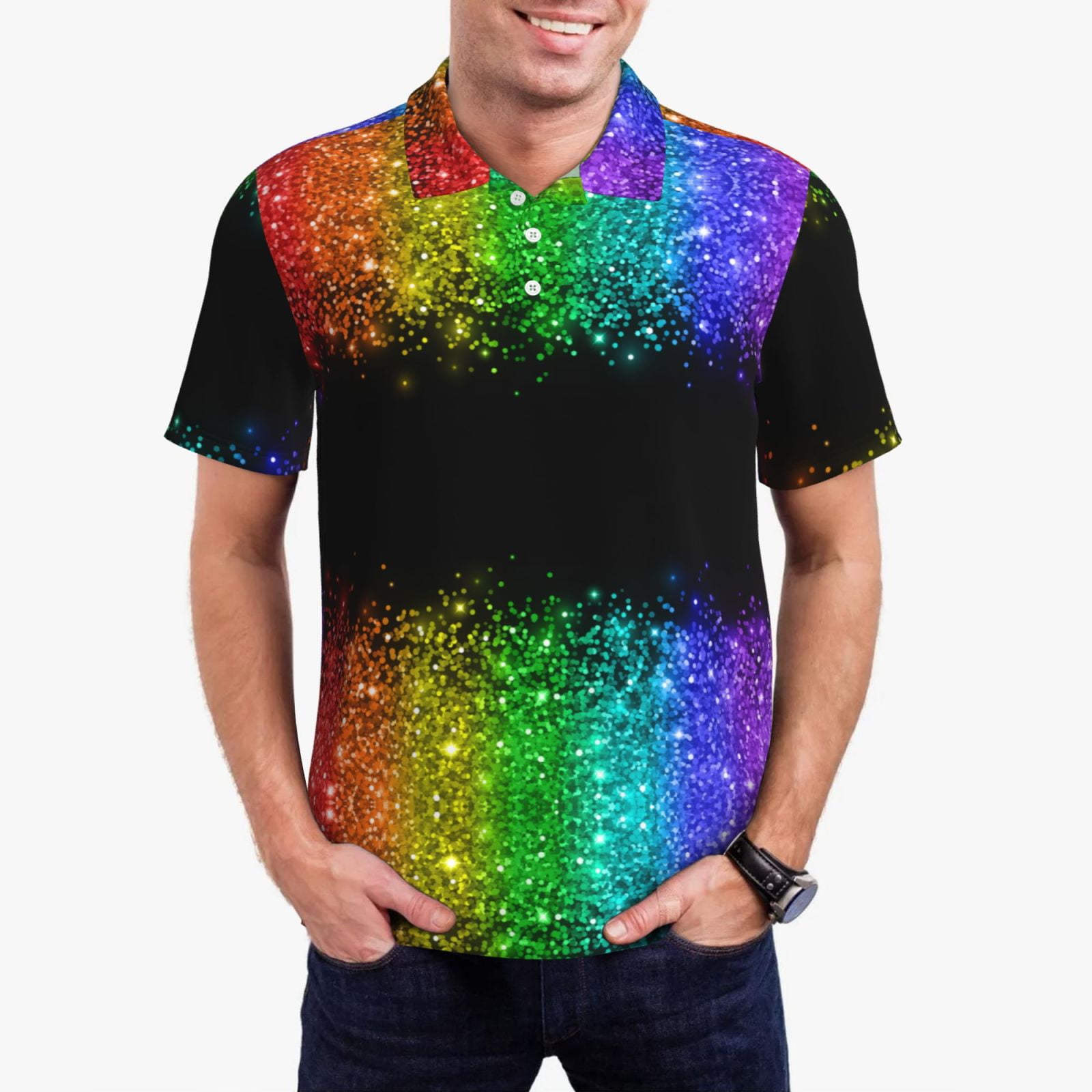Polo Shirts for Men Multicolor Glitter Border Casual Mens Short Sleeve ...