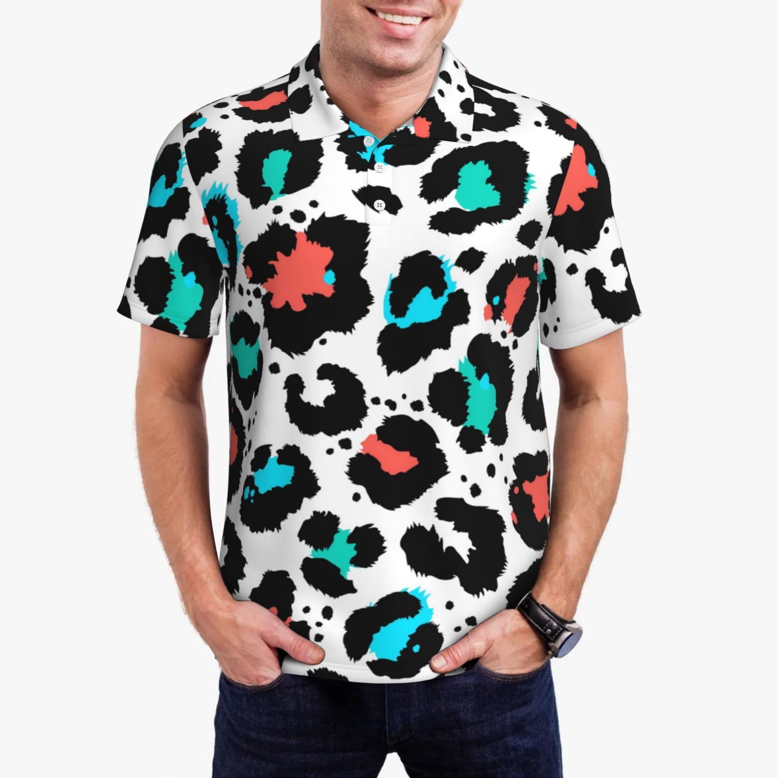 Polo Shirts for Men - Multicolor Leopard Print Classic Mens Polo Shirts ...