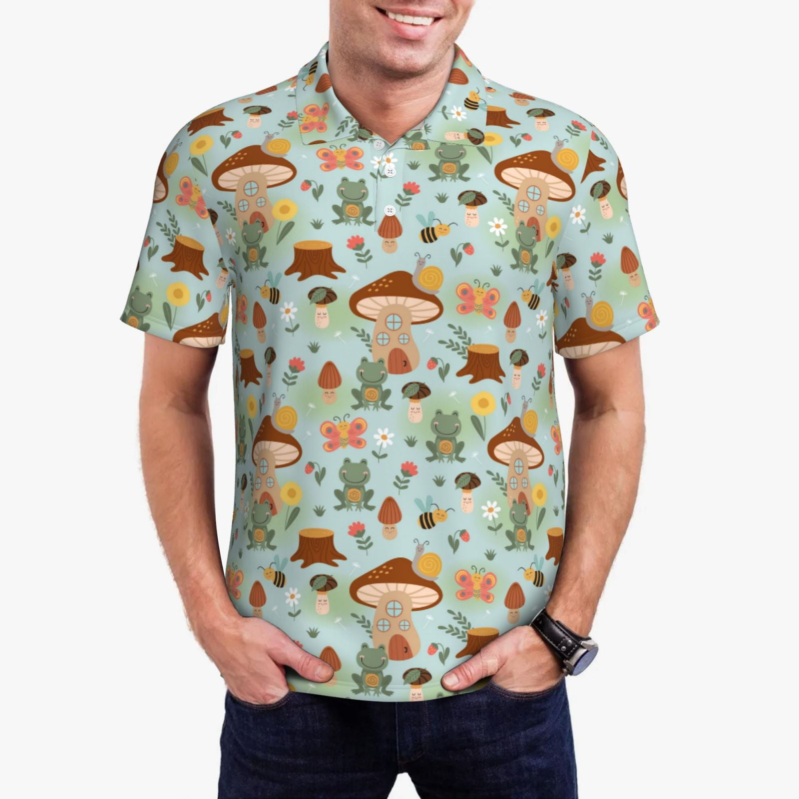Polo Shirts for Men - Mushroom House Insect Frog Mens Polo Shirts Short ...