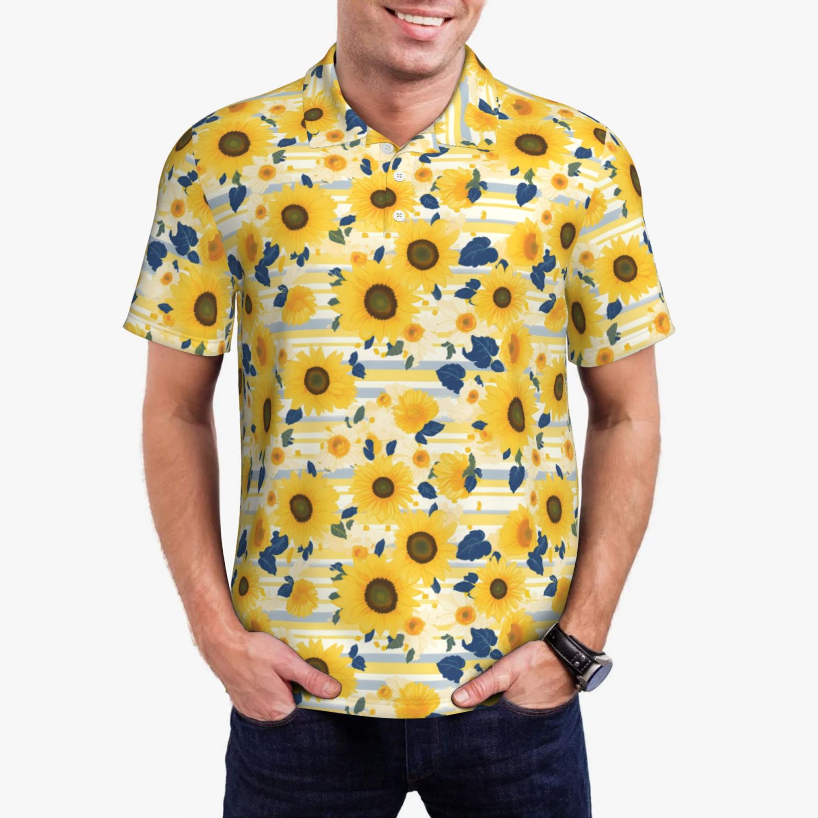 Polo Shirts for Men - Navy Blue Leaf Sunflower Soft Comfort Breathable ...