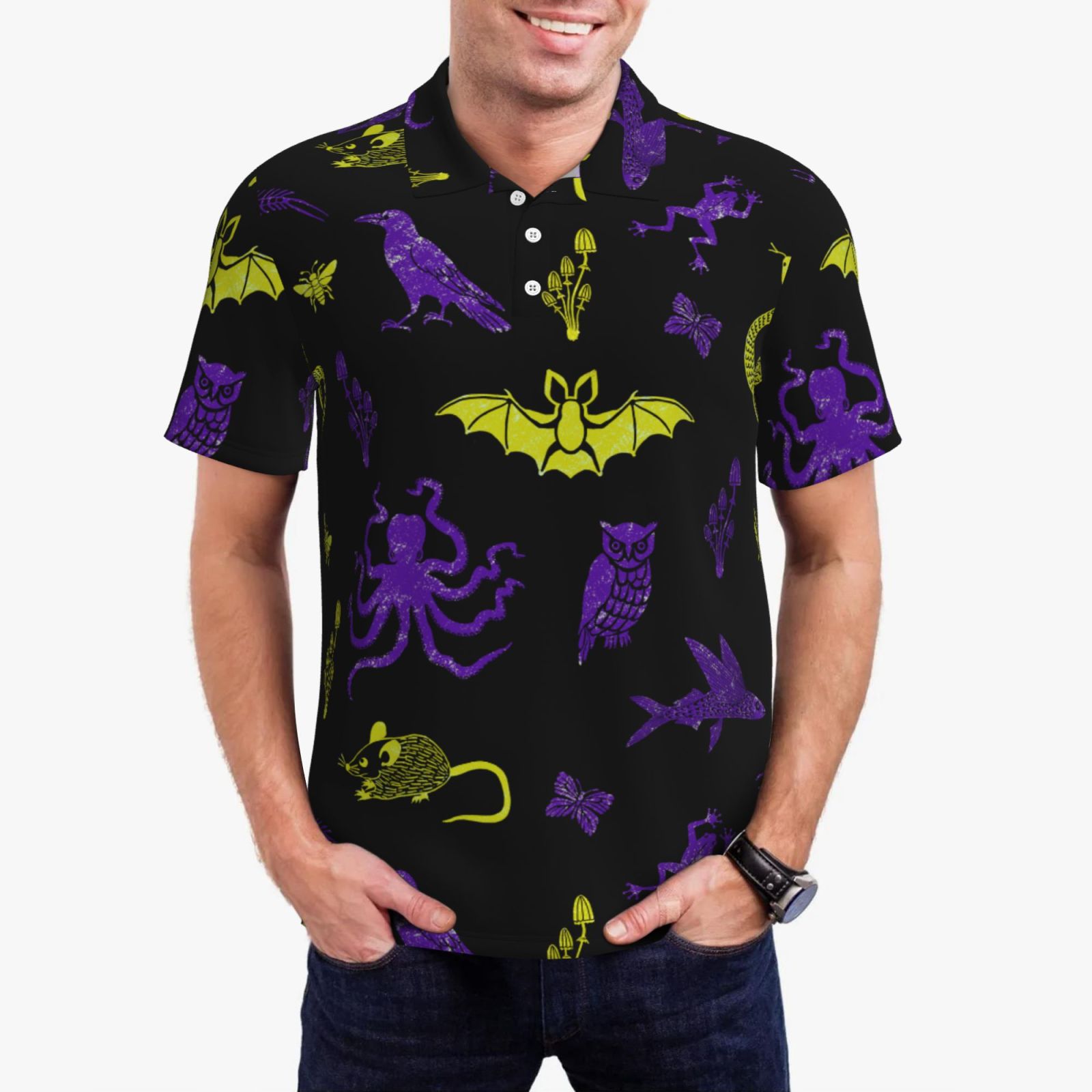 Polo Shirts for Men Octopus Bird Owl Flying Fish Snake Casual Mens ...